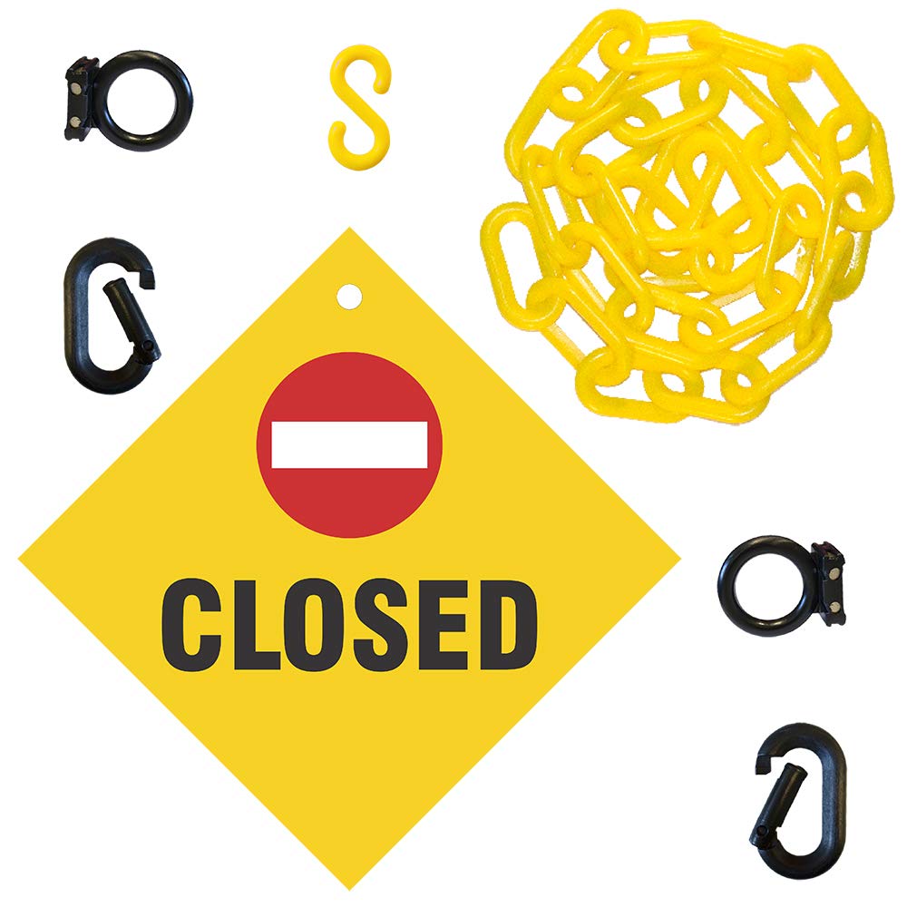 Mr. Chain Closed Sign Kit, Sign and 3-feet Yellow 2-Inch Chain (7403CL) 8" Height x 8" Width, 1 Count (Pack of 1)