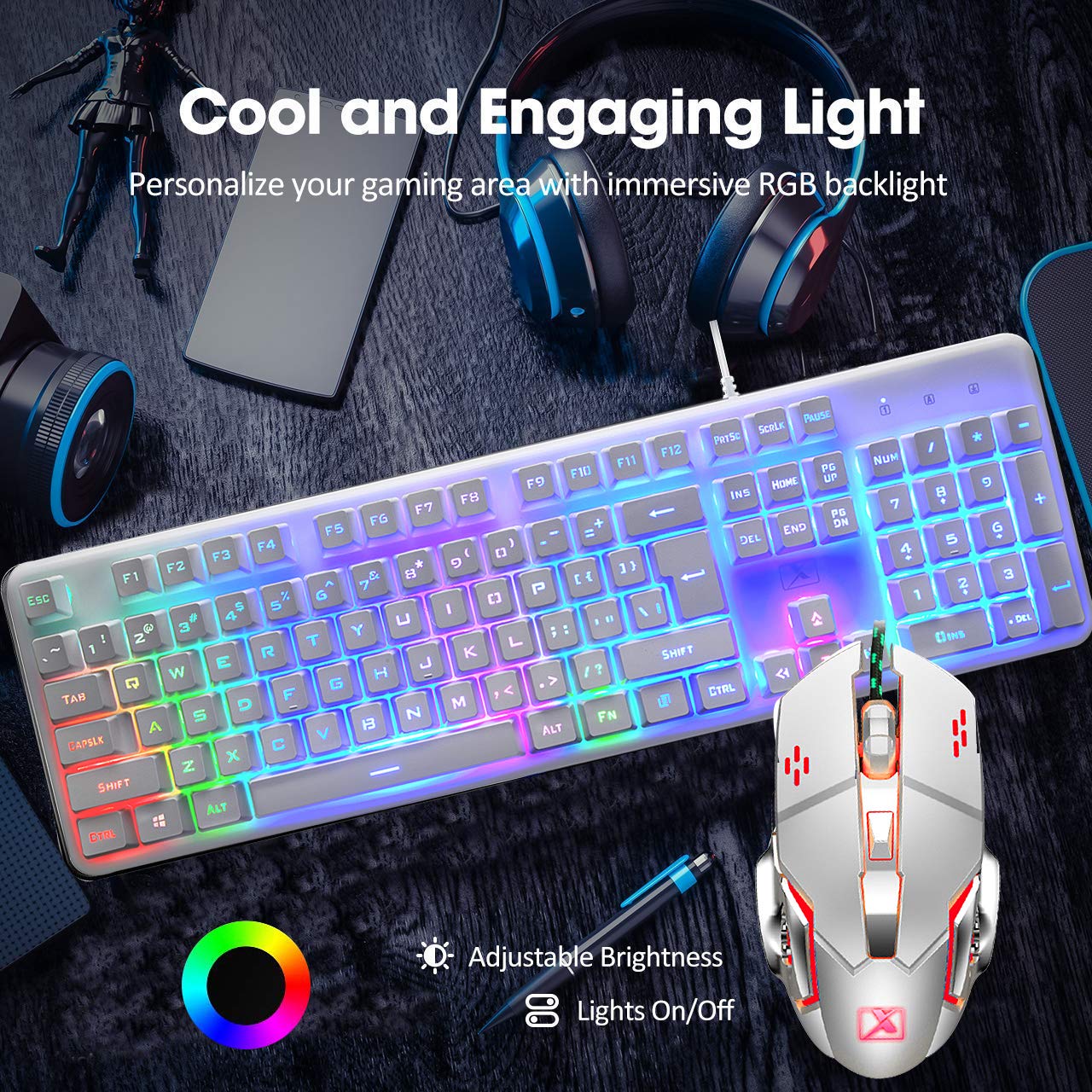 FELICON Mechanical Feeling Gaming Keyboard and Mouse Mousepad Combo,104 Keys Rainbow Backlit Gamer Keyboard and Mice Set,Large Mice pad 2400DPI 7 Button La Souris for PC Laptop Mac