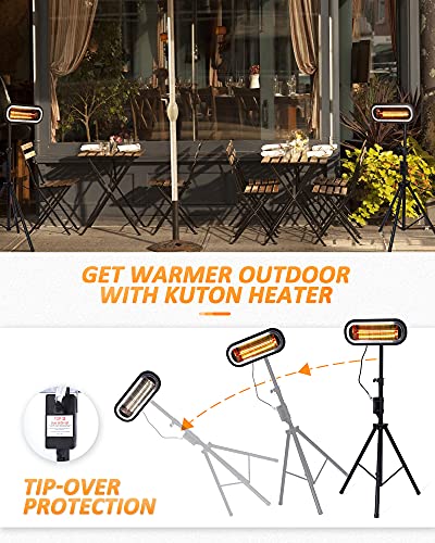 KUTON Outdoor Electric Heater, 1500W Infrared Patio Heater, Standing Indoor Heater with Telescopic Tripod, Tip-Over & IP65 Waterproof For Garage Backyard, Angle Adjustable, YD-SH-B