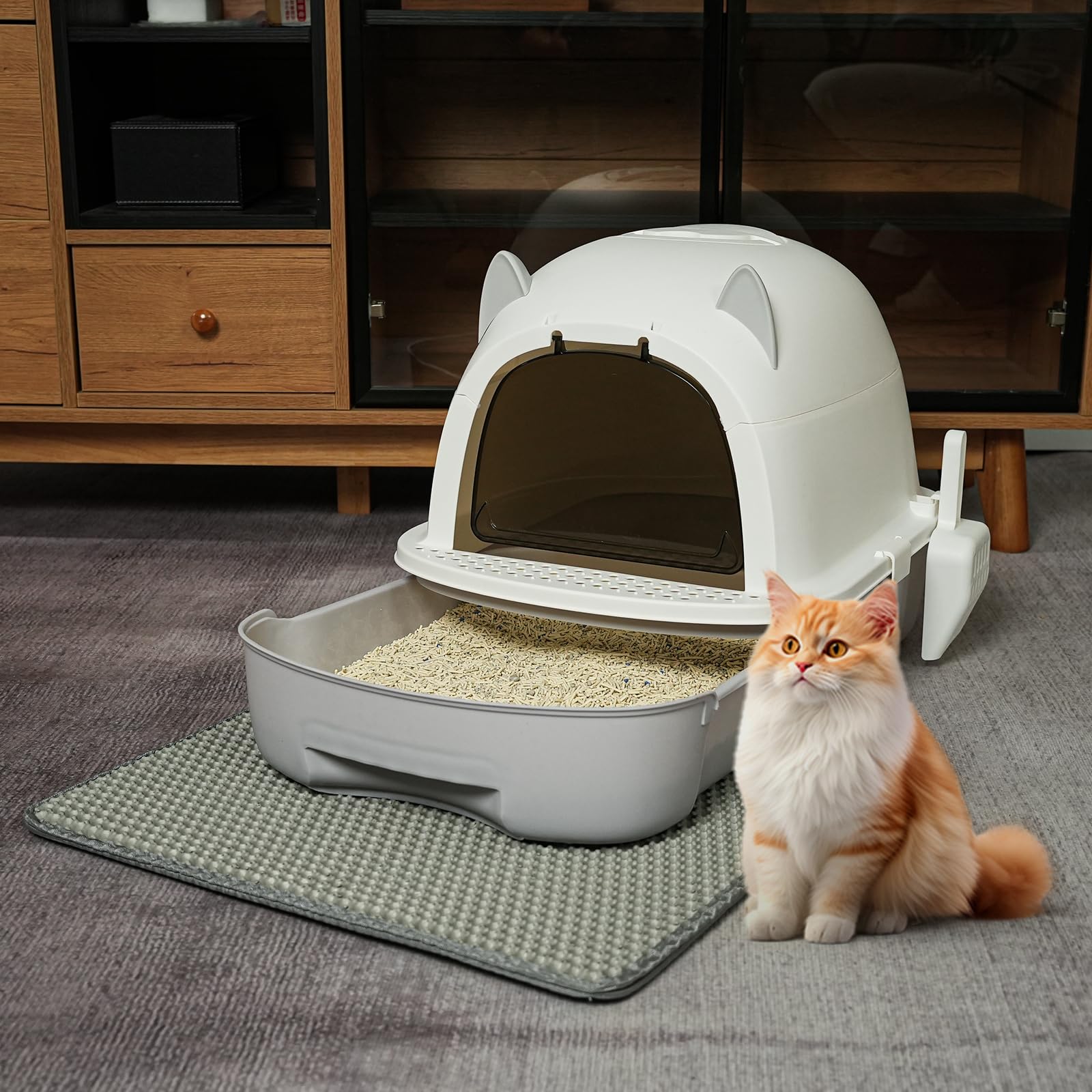 Eiiel Medium Cover Cat Litter Box with Lid,with Litter Double Layer Mat,Litter Box Enclosed Nonstick Litter Pan Durable Standard Litter Box, Great for Small & Medium Cats,7.14x16.1x20.5 Inches