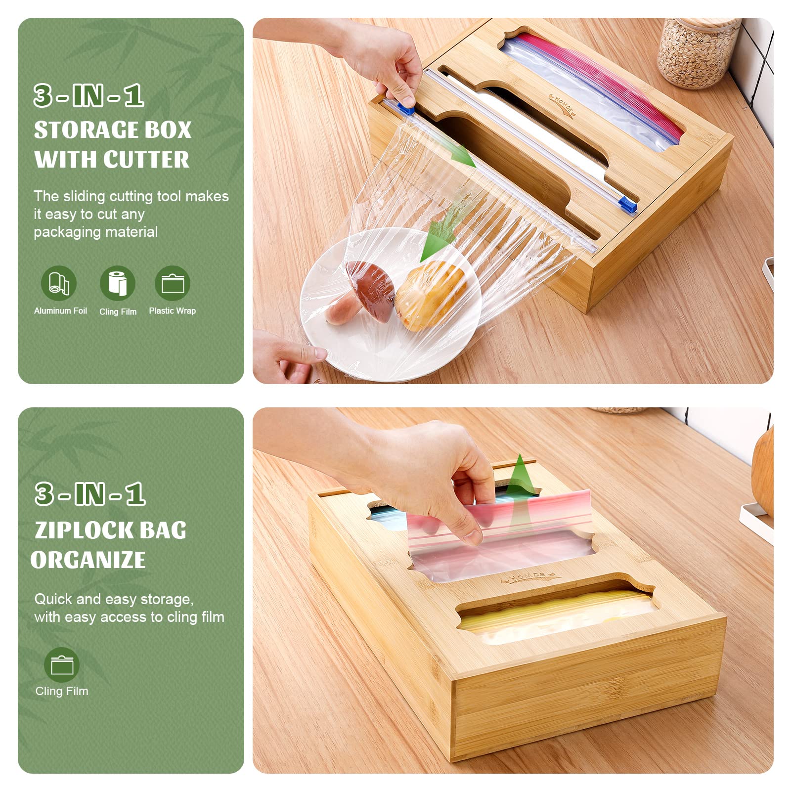Homde Ziplock Bag Organizer Bamboo, Foil and Plastic Wrap Organizer with Cutter for Kitchen Drawer, Plastic Bag Storage for Gallon,Quart,Sandwich,Snack