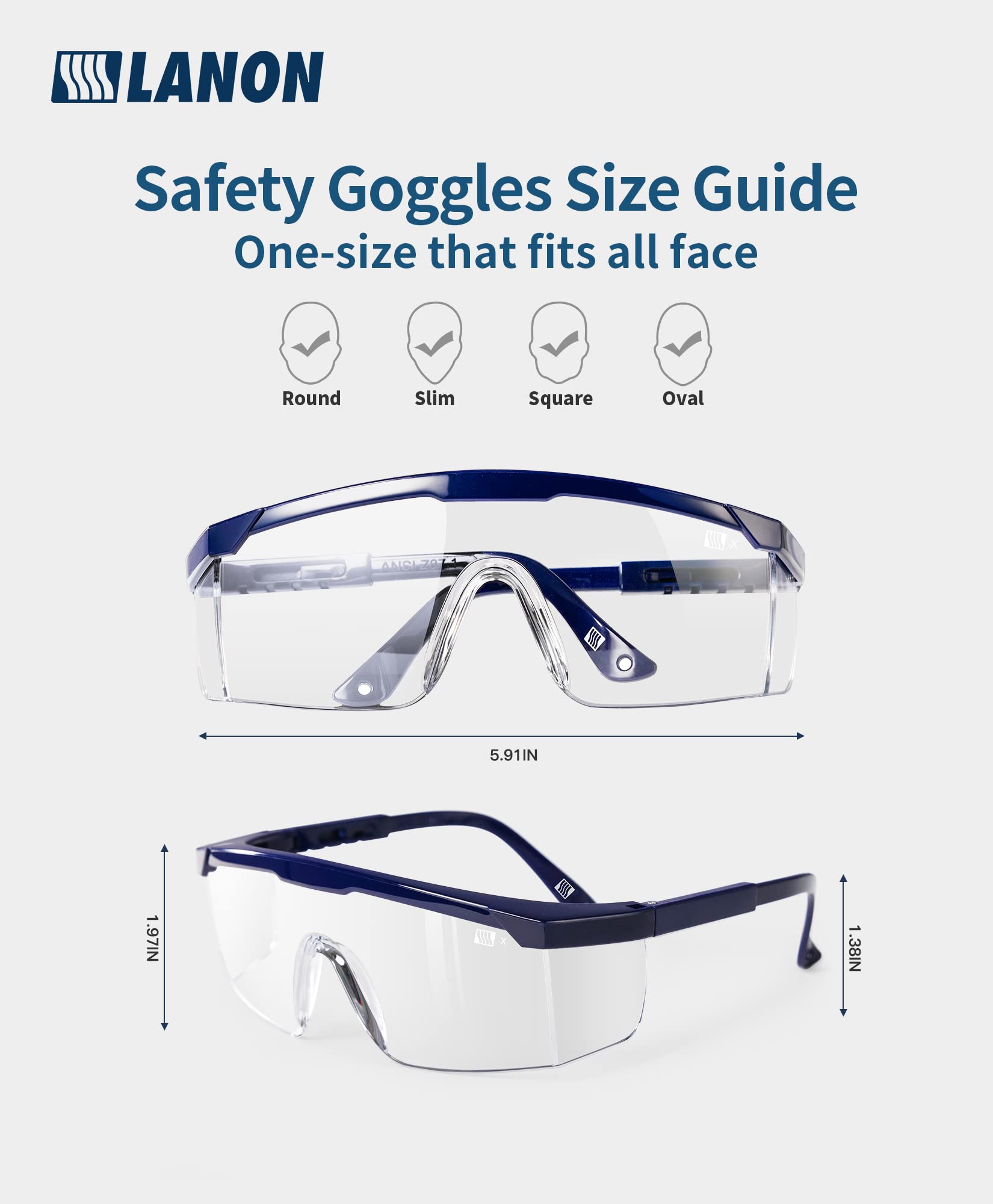 LANON 3 Pack Anti-Fog Safety Goggles with Ajustable Temples, 2.5 Times ANSI Z87.1 Double-sided Antifog, Side Protection, High Transmission, Lightweight