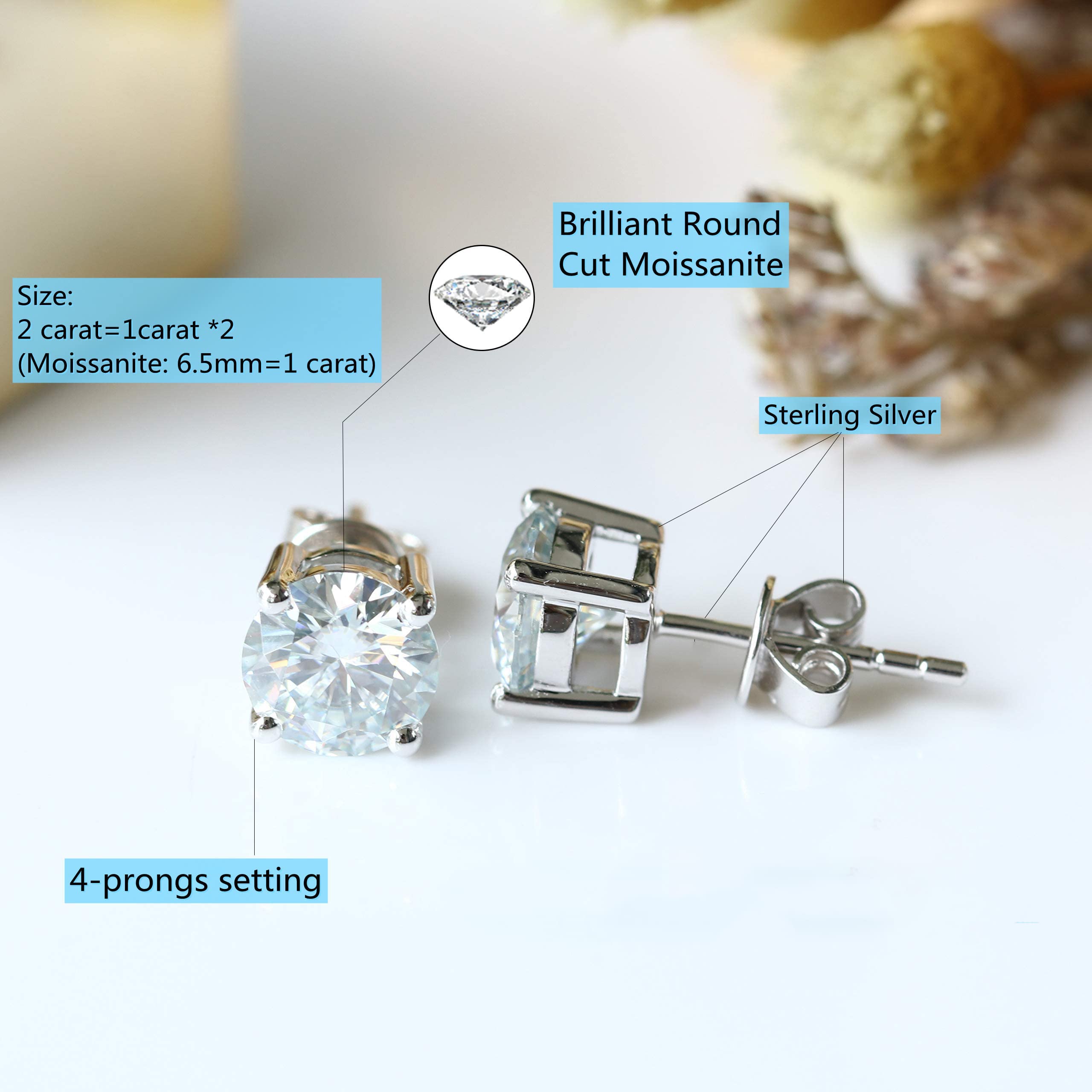 DovEggs 10K White Gold Post 2CTW 6.5MM Lab Grown Moissanite Stud Earrings Sterling Silver Push Back for Women (10K White Gold Posts)
