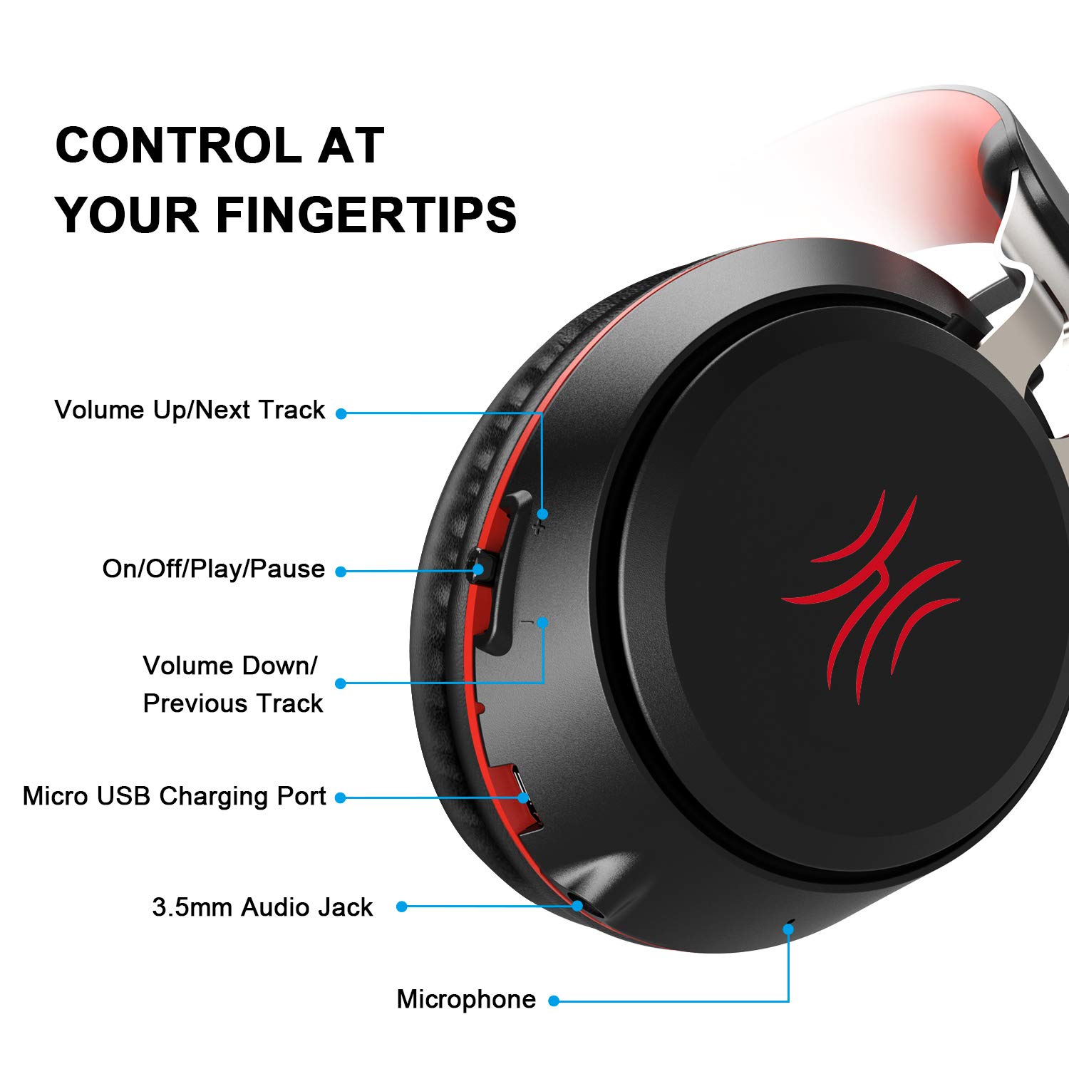 EKSA Bluetooth Headphones,30 Hours Play Time Wireless Over Ear Headset with Built-in Microphone,40mm Driver,Thumping Bass, Supports Hands-Free Calling and Wired Mode for PC/Cell Phones/TV-Black Red