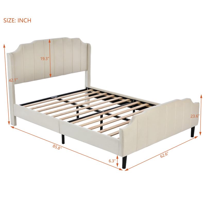 FDSPDO Queen Size Upholstered Platform Bed with Headboard and Footboard,No Box Spring Needed, Velvet Fabric,Beige