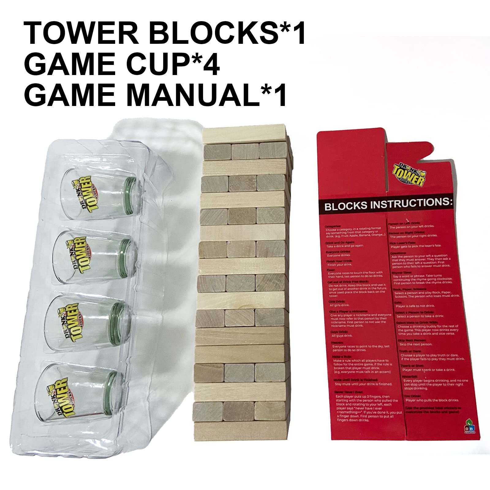 MINSN PTY Tower Blocks Game Classic Wood Stacking Game 54 Pieces with 4 Cups for Family and Party Red Wood Color