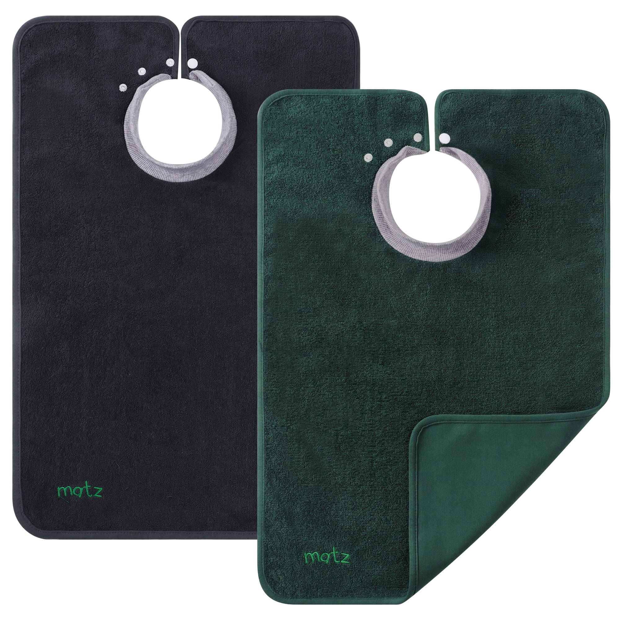 MATZ Bib - Waterproof Backing Full Coverage Ultra Absorbent Cotton Terry Towel Snap On Bib with Comfortable Ribbed Neck