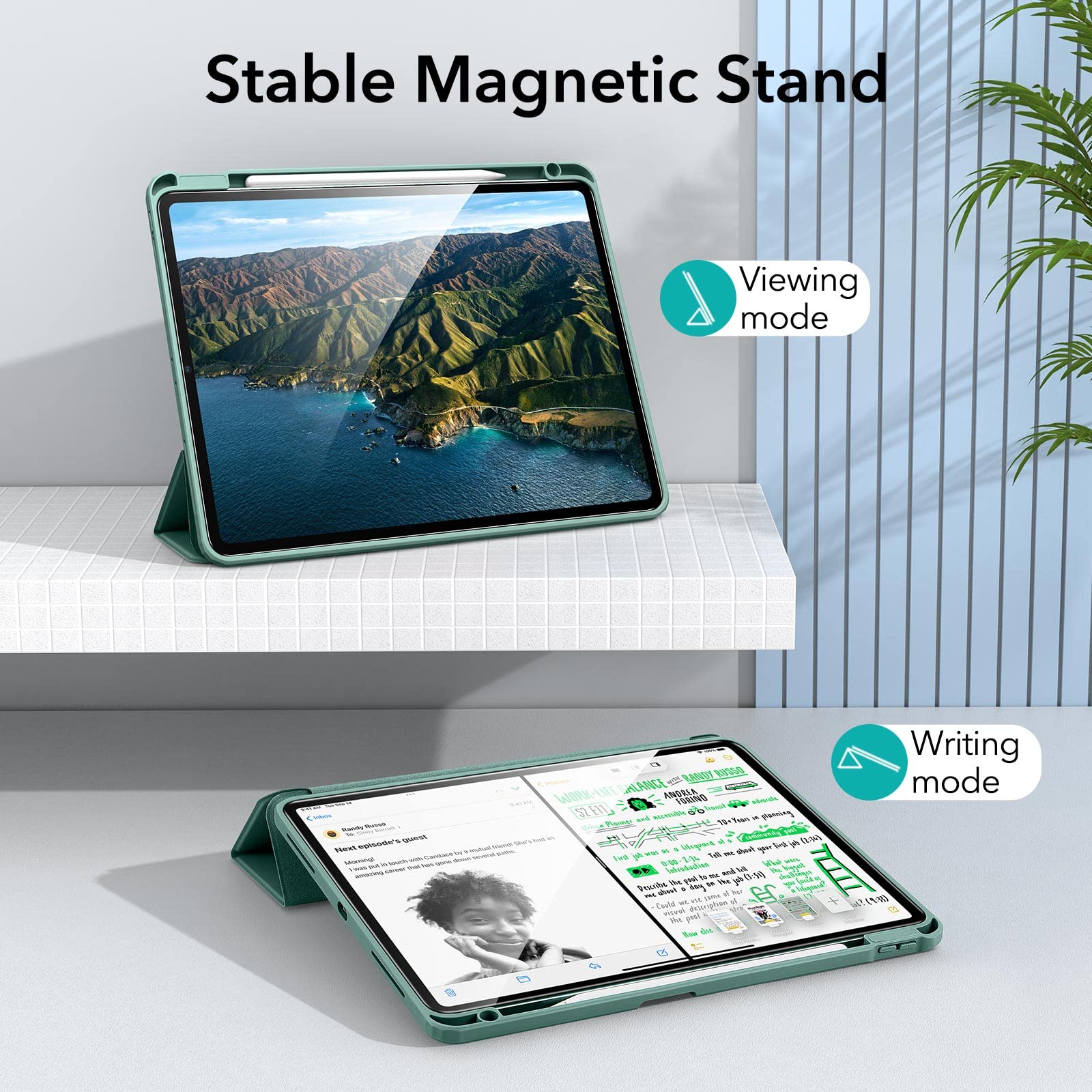 ESR Hybrid Case Compatible with iPad Pro 12.9 Inch 2021/2020/2018 (5th/4th/3rd Generation) with Pencil Holder, Detachable Magnetic Case, Hard PC Back Cover, Auto Sleep/Wake, Rebound Series, Green