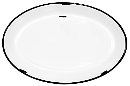 Red Co. Enamelware Metal Classic 13â Serving Oval Tray Platter, Distressed White/Black Rim