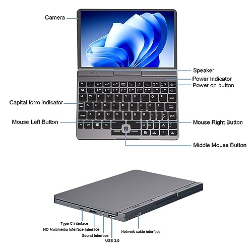 Honio Mini Laptop Touch Screen 8 Inch Full Feature Laptop PC 100-240V LPDDR5 12GB RAM Work Portable for Windows 10 11 Compatible (12GB+512GB US Plug)