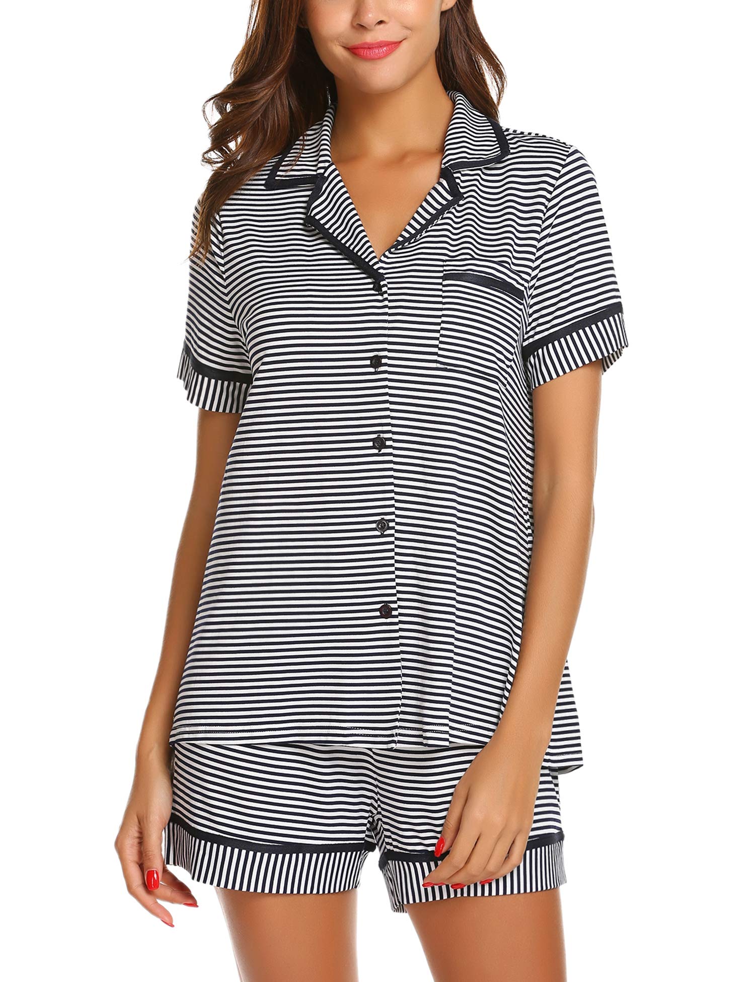 Ekouaer Women's Pajamas Sleepwear Shirt and Short Button-Down Pj Set Two Piece Sets Dark Blue Stripes Medium