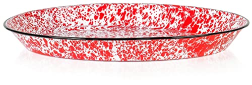 Red Co. Oven Safe Enamelware Metal Classic 16.5” Serving Oval Tray Platter, Red Marble/Black Rim – Splatter Design