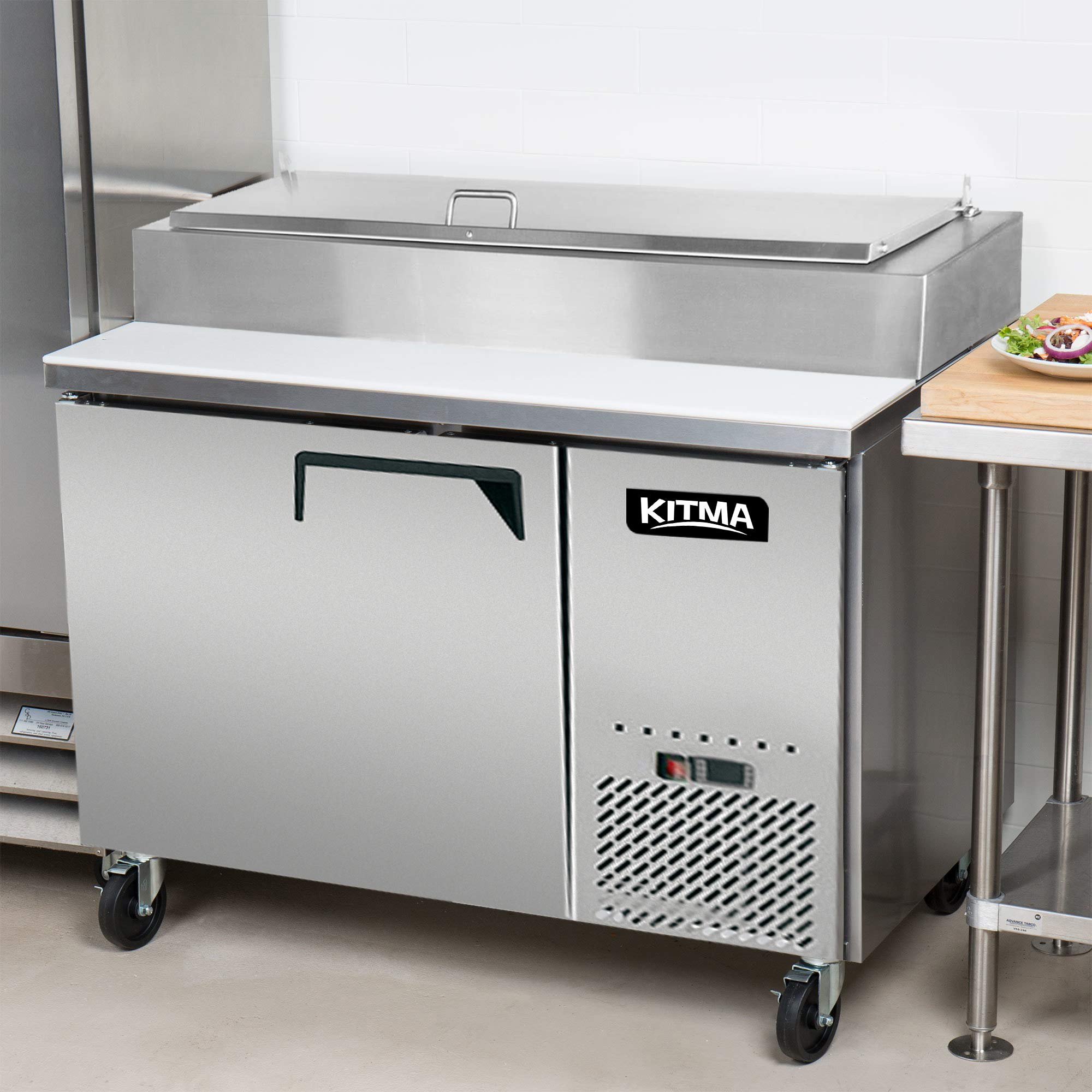 KITMA 44 Inch Pizza Prep Table Refrigerator Single Door Rrep talbe with Standard Top, 9.7 Cu.ft, 6 Food Pans, USA