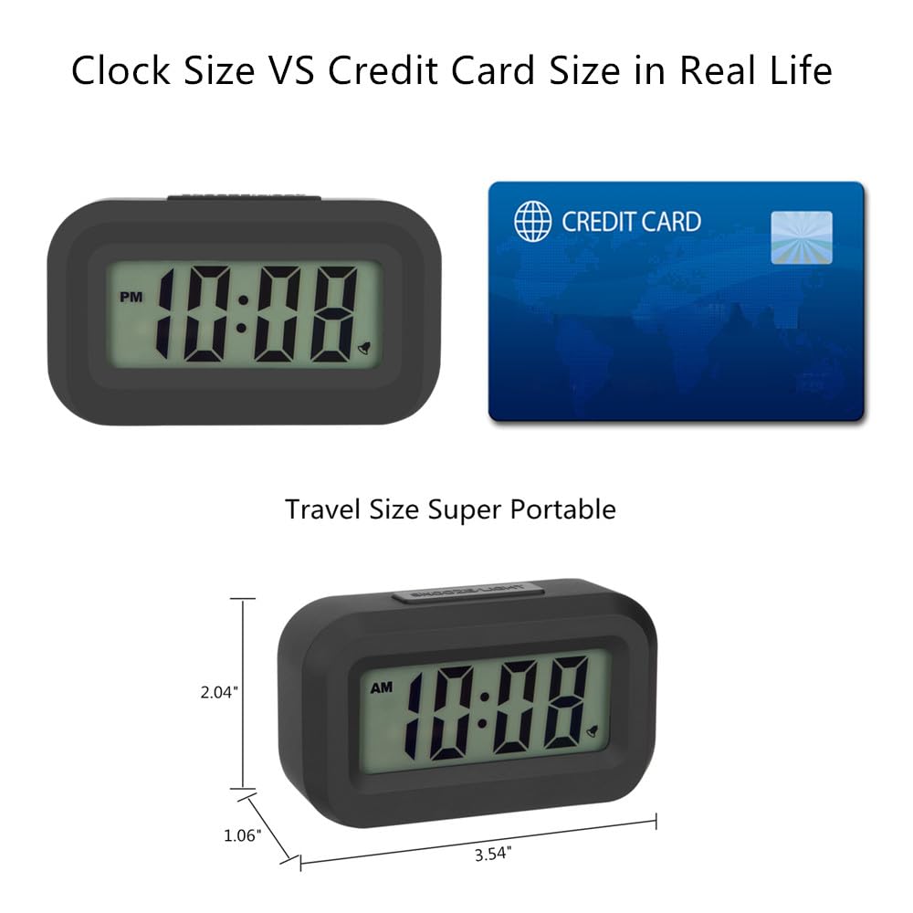 FAMICOZY Small Digital Travel Alarm Clock,Simple Operation,Easy to Read,Ascending Alarm,12/24Hr,Snooze Soft Light for Bedside,AAA Battery Operated,Black