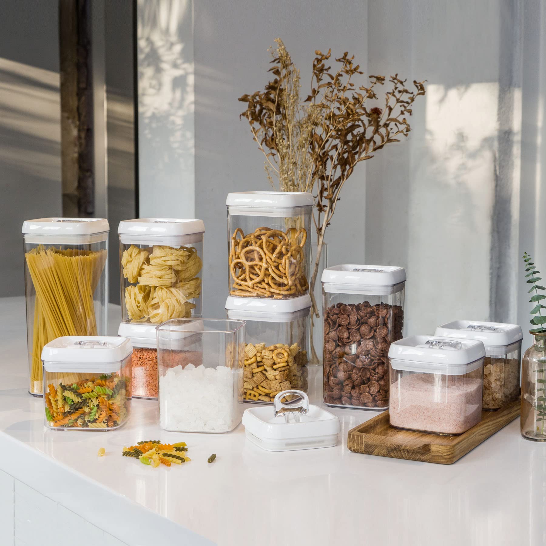 Felli Flip Tite Food Storage Container 5β LARGE 5pk Set + No Residue Label, Airtight Lid Easy Lock Top Stackable, Plastic Canister Jar for Pantry Kitchen Fridge Organizer Pasta Protein Powder Spice