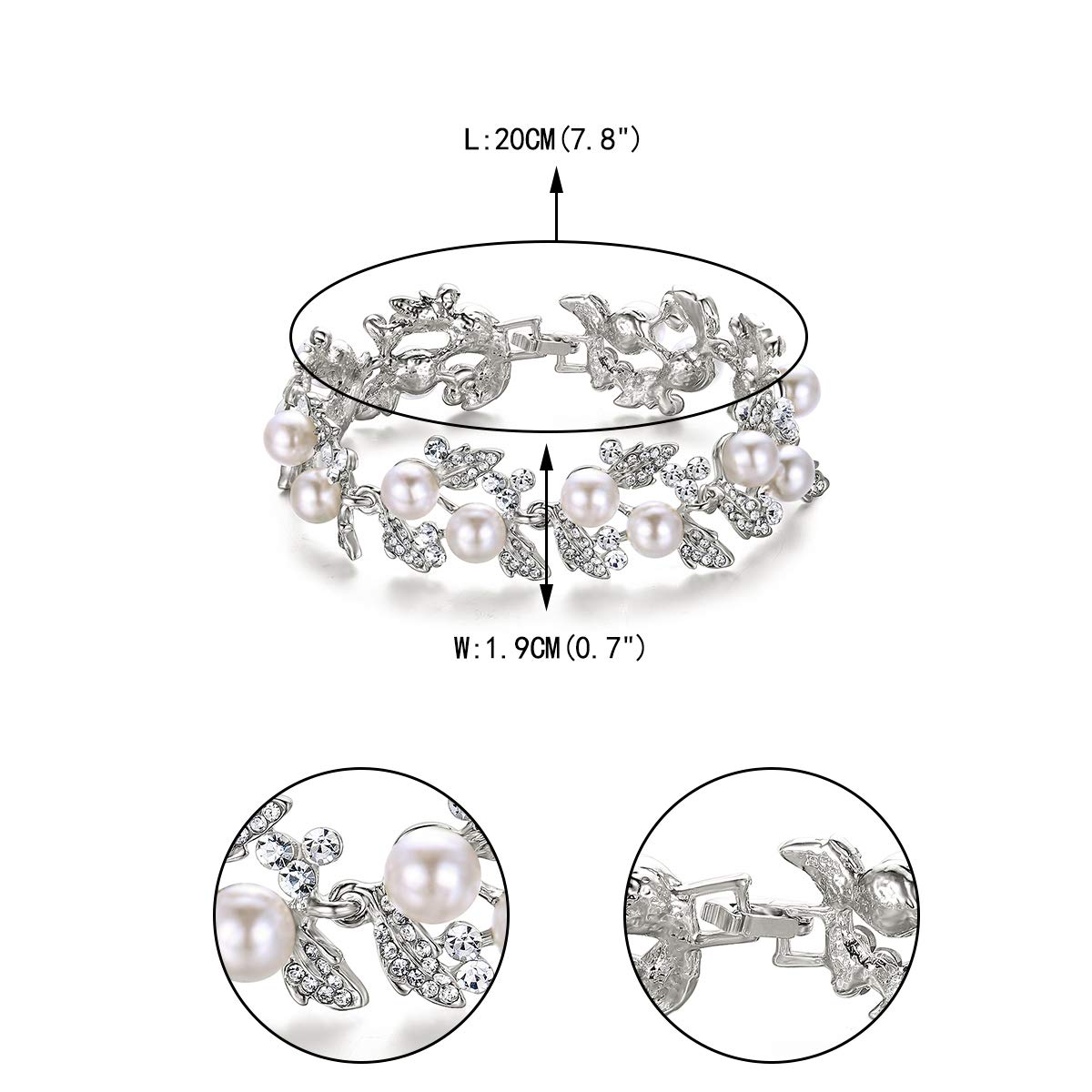EVER FAITH Austrian Crystal Ivory Color Simulated Pearl Bridal Flower Leaf Bracelet Clear Silver-Tone