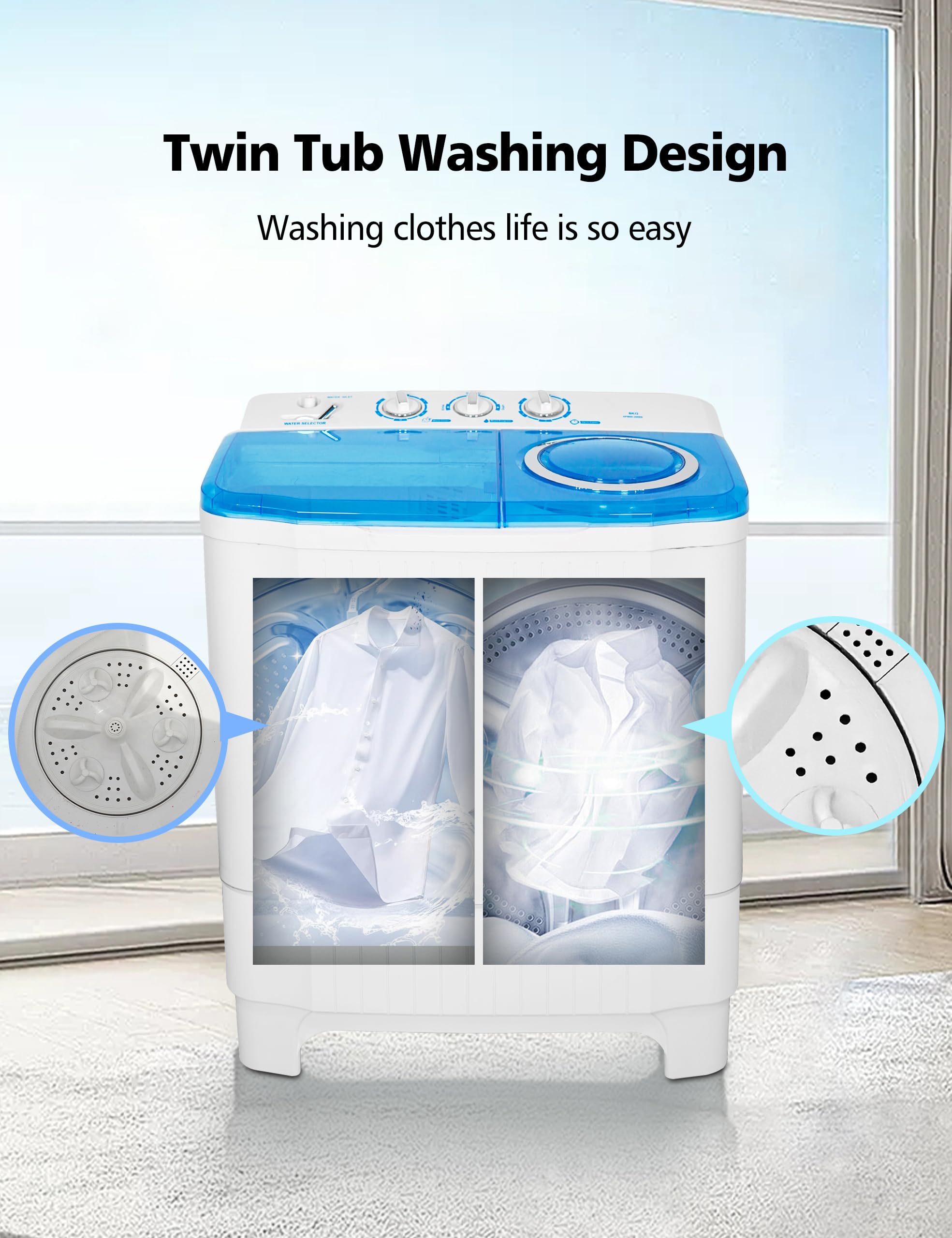 Portable Washing Machine - 28Lbs Compact Twin Tub Washer and Spin Dryer - Semi-automatic Laundry Washer(18Lbs) & Spinner(10Lbs) Combo Timer Control with Drain Pump for Apartments,RVs,Dorms