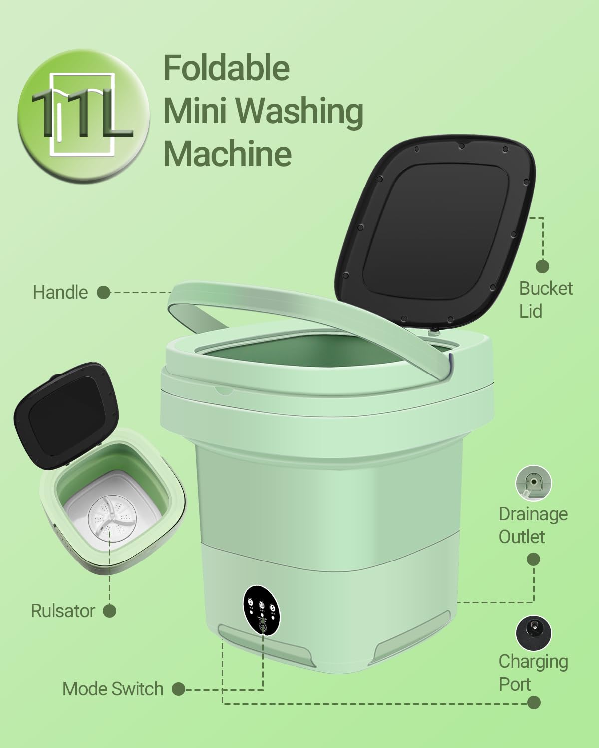 Portable Washing Machine, 11L Upgraded Large Capacity Foldable Mini Washer, Small Washing Machine for Apartment Travel Laundry Camping, RV Dorm, Purple