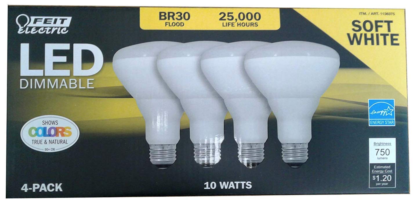 Feit LED Dimmable BR30 Flood Soft White Bulbs 65 Watts, Uses 11.5 Watts, 4 Pack