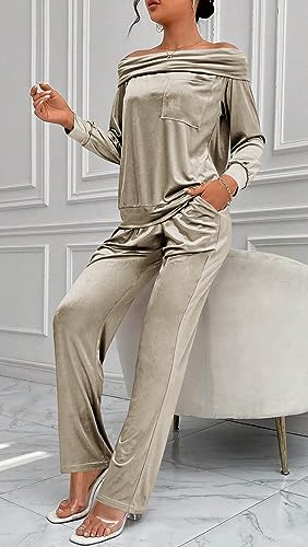Ebifin Women's 2 Piece Lounge Sets Off Shoulder Casual Pajama Set Sweatshirt and Pants with Pockets Beige
