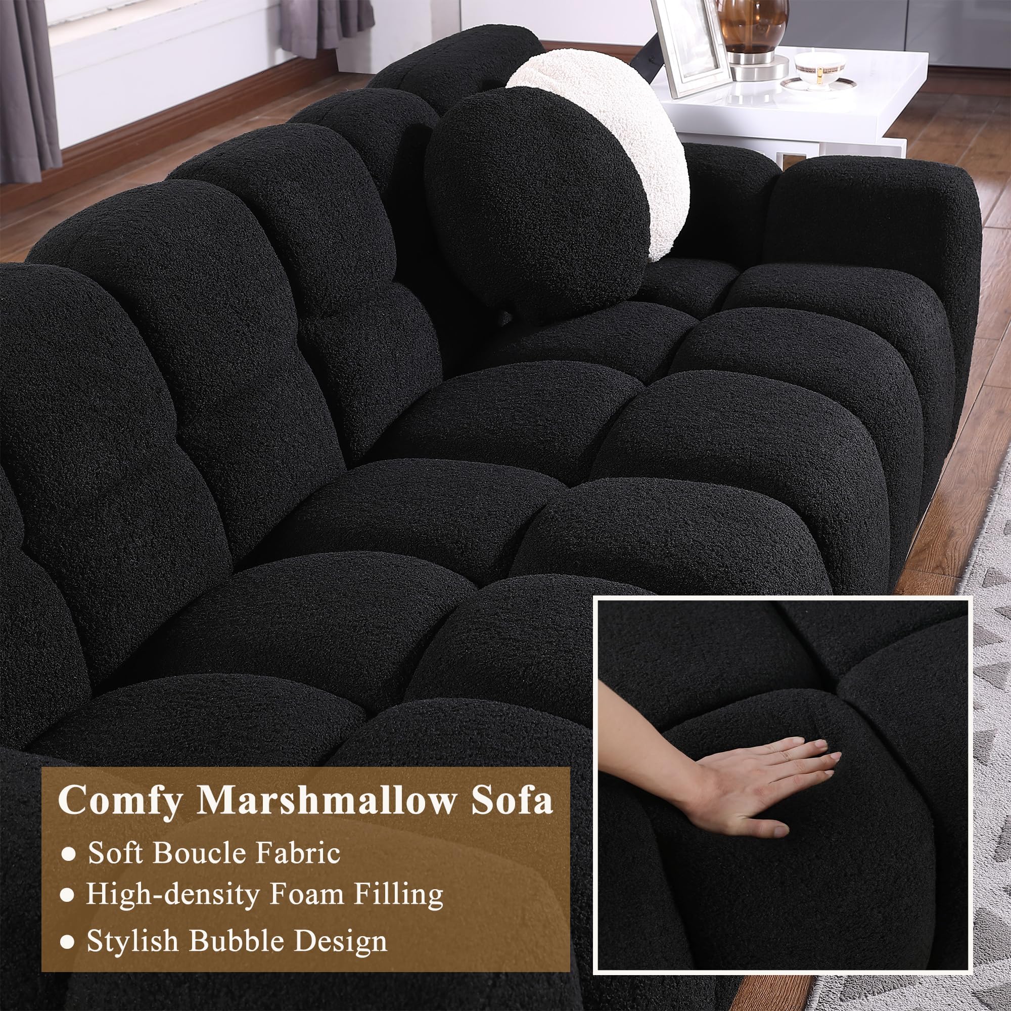 Tmsan 86.5" Boucle Cloud Sofa Couch, Modern Tufted 3 Seater Sectional Sofa Set for Living Room, Comfy Upholstered Couch Bed with 2 Accent Pillows for Bedroom Apartment Office