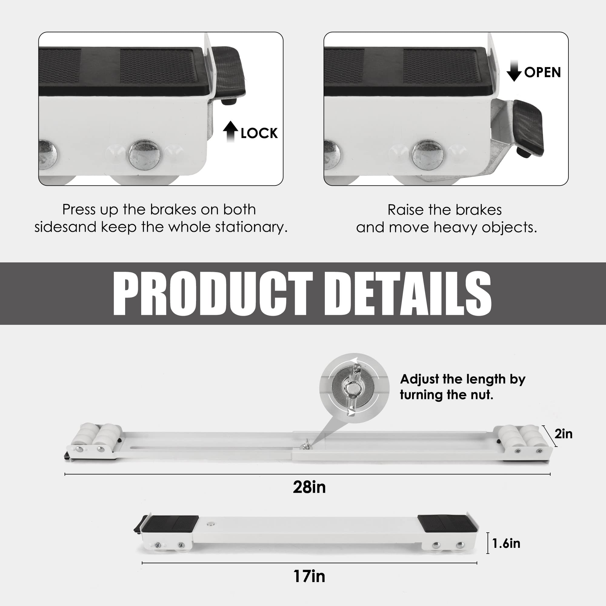 Gotsblock Heavy Duty Furniture Appliances Rollers, Extensible Washing Machine Base Mobile Wheels for Refrigerators, Dryers, Dishwashers and other Heavy Objects, Max Load 1100 lb, Non-Slip, White