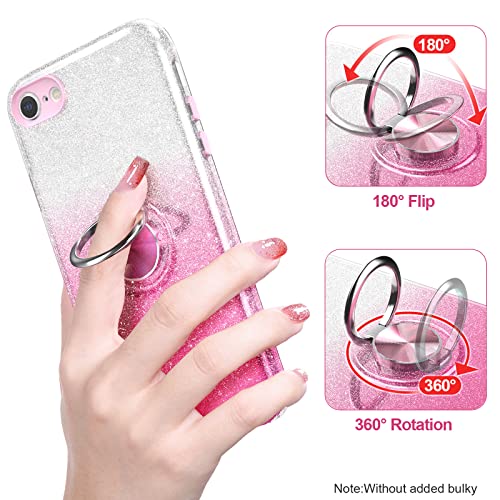 PeeTep iPhone SE 2020 Case,iPhone SE 3 Case Glitter for Girls,iPhone 8 Case,iPhone 7 Case,Slim Sparkly Case with 360°Ring Holder Kickstand Magnetic Car Mount Shock-Absorbent Durable Cover, Pink