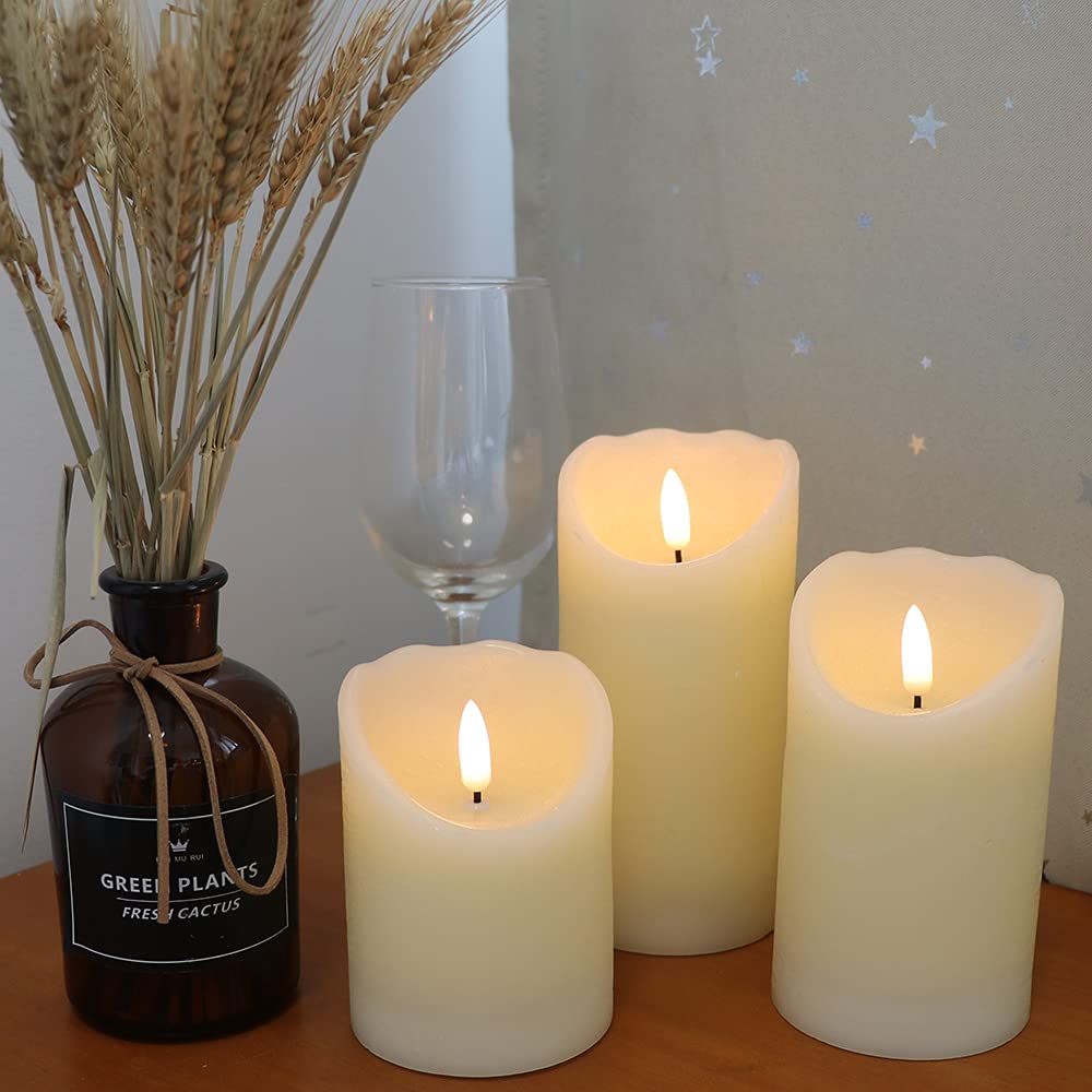 Eldnacele Flameless Flickering Candles with Timer, 3D Wick Real Wax Battery Operated Red Pillar Candles with 6H Timer Set of 3 for Home Wedding Party Christmas Decoration (D3β x H4β5β6β)
