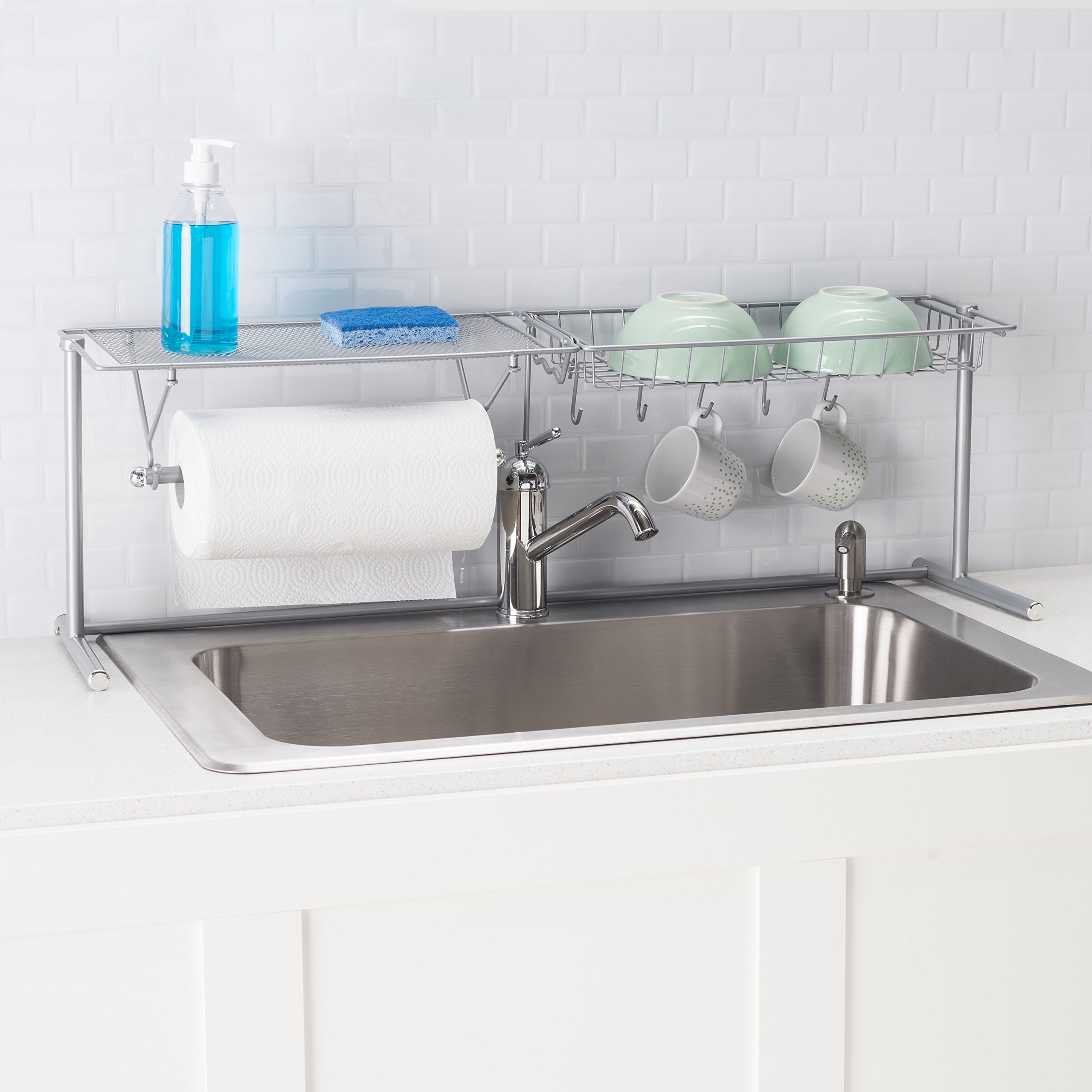 Home Basics Over The Sink Stainless Steel Finish Kitchen Station Dish Rack Paper Towel Dispenser Organizer 36.5 x 9 x 11.8 inches