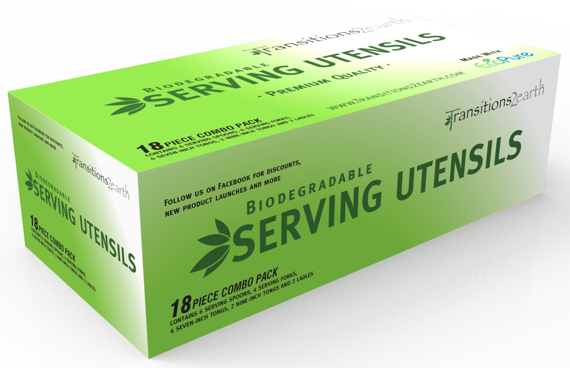 Transitions2earth Biodegradable EcoPure Economy Serving Utensils Combo Pack - 18 Count - Earth-Friendly, BPA-Free, Heavy Duty, Heat Resistant, Recyclable Utensils