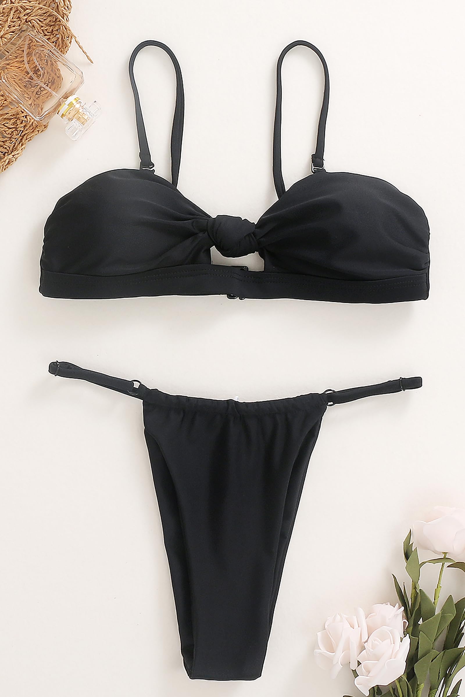 Honlyps Womens Brazilian Thong Sexy Bikini Sets Cheeky 2 Piece High Cut Swimsuit Bottoms Strapless Bandeau Bathing Suit Tops Black
