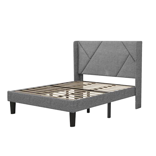Fangflower Full-size Platform Bed Frame with Fabric Wingback Headboard/Upholstered Headboard/12 Solid Wooden Slats/No Box Spring Needed, Non-Slip and Noise-Free,Light Gray