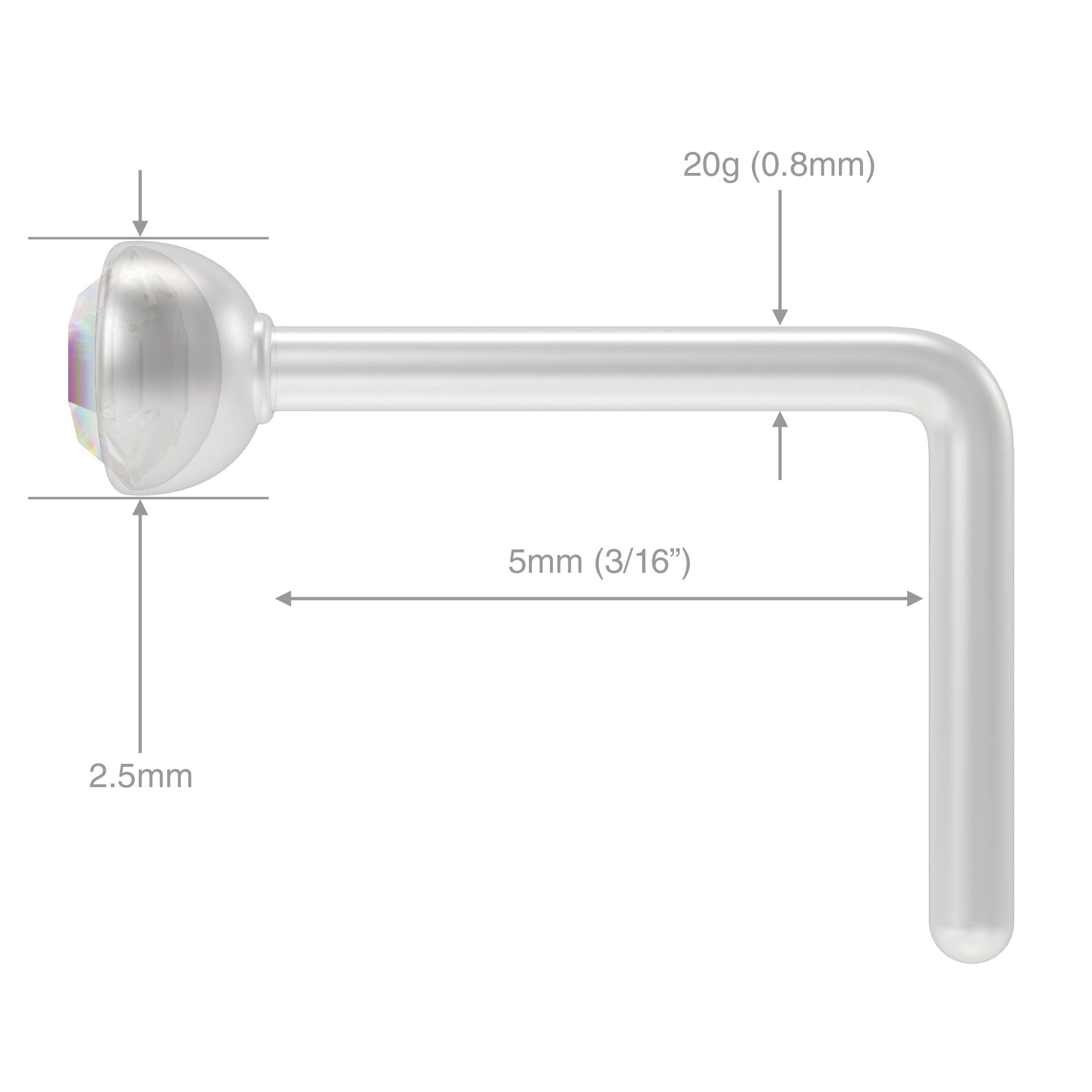 Evonix 4pc 20g 0.8mm Nose Rings L-Shaped Nose Ring AB Bioflex Clear Cute Flexible Bend Shape Studs Nostril Piercing 2.5mm Retainer