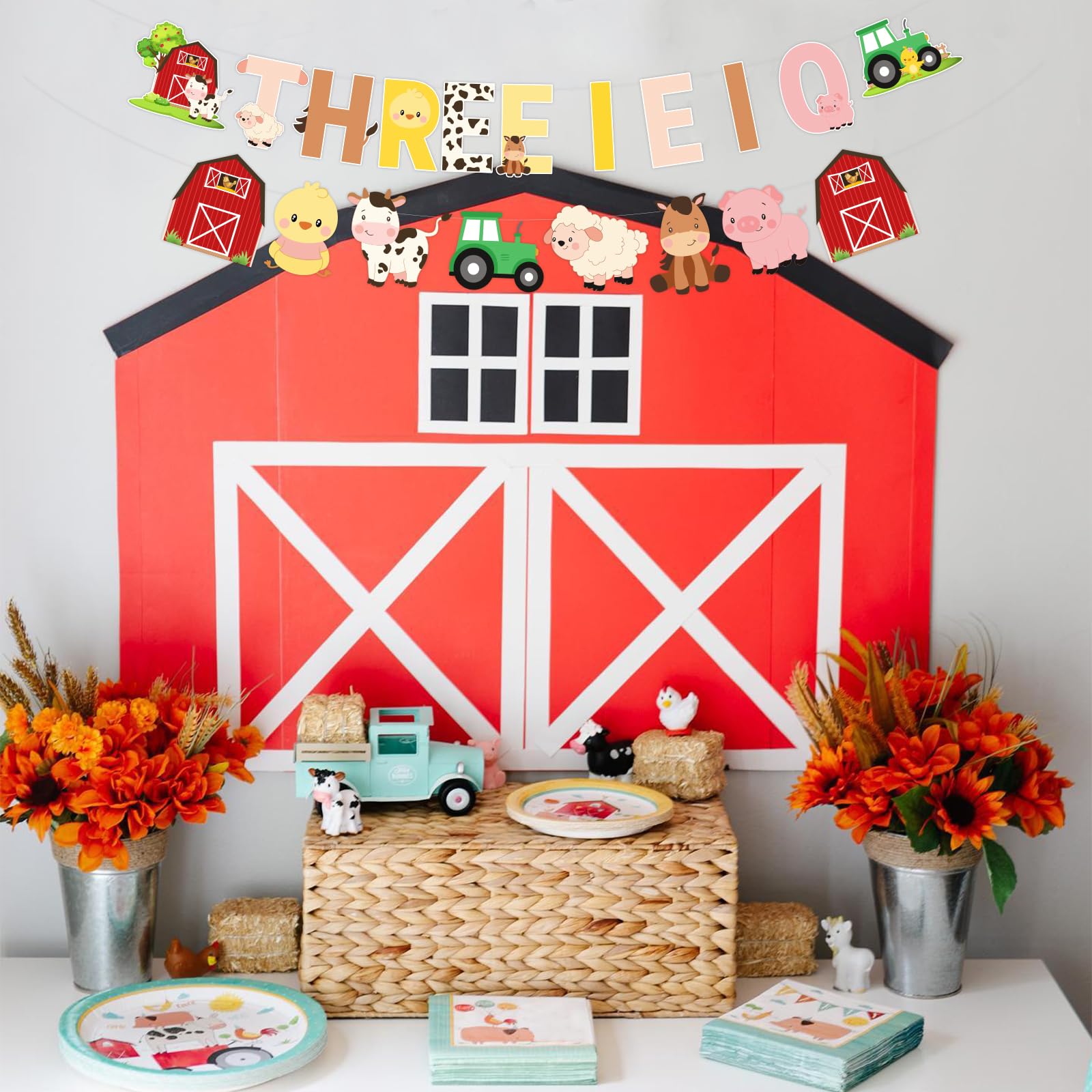 Sursurprise Farm 3rd Birthday Decorations, THREE I E I O Farm Animals Banner for Barnyard Farm Birthday Party Supplies