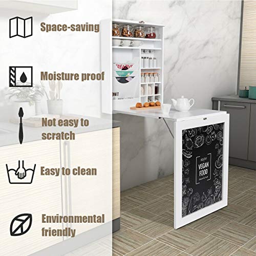 Tangkula Wall Mounted Desk, Floating Desk with Chalkboard, Space Saving Fold Up Desk Wall Mount Convertible Desk, Multi-Function Wall Mounted Table with Storage Shelves & Hooks(No Assembly Required)