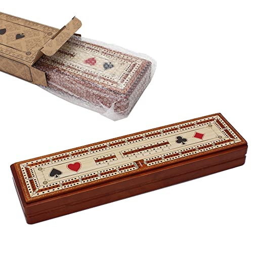 meremee Wooden Cribbgae Board Set 3 Track,9 Metal Pegs and 2 Playing Cards,Large Storage Dawer