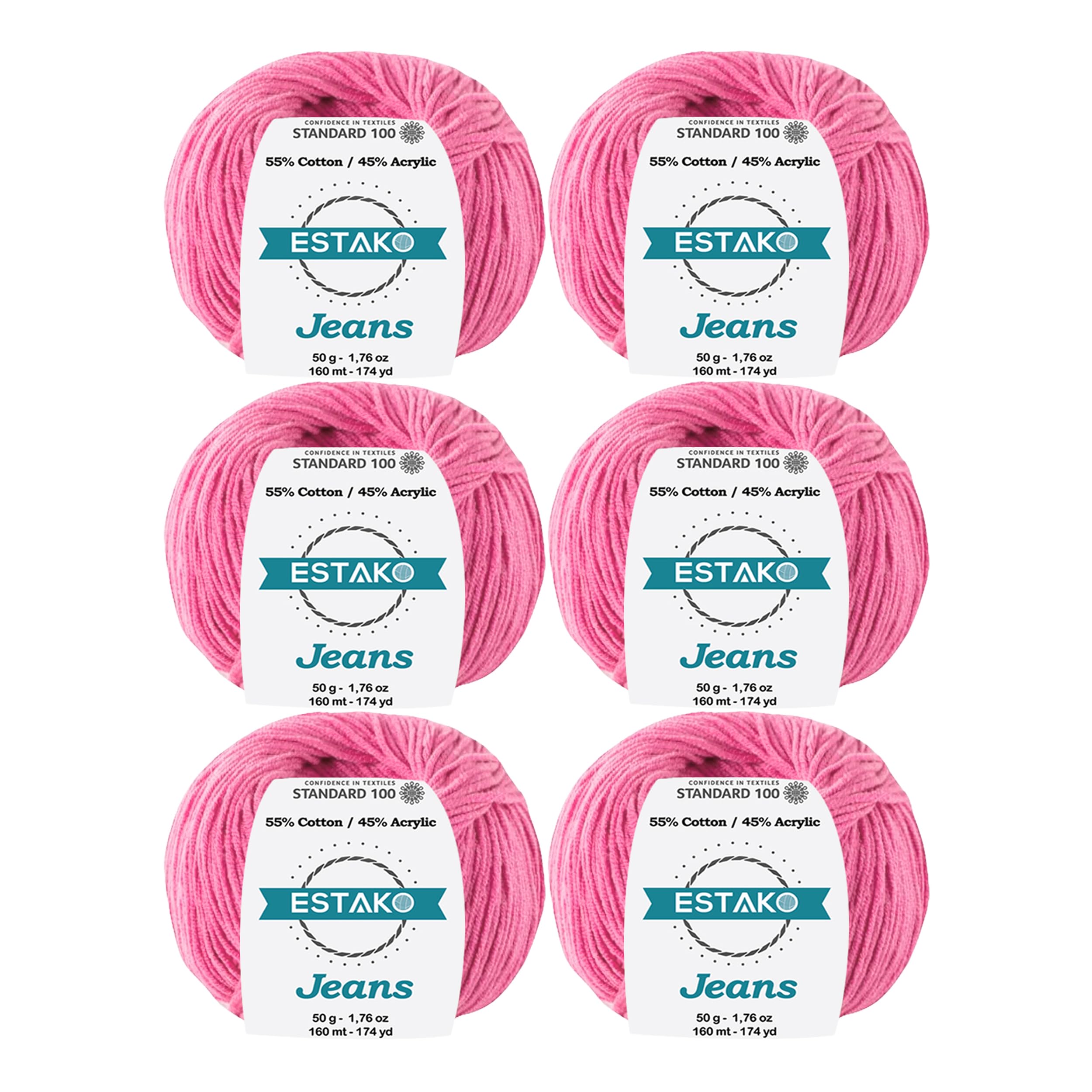 Estako Jeans, (6 Skeins Pack) 55% Cotton 45% Acrylic Amigurumi Yarn, Soft, Fine/Sport (2) for Crochet and Knitting (6 x 1.76 Oz) / (6 x 174 Yrds) (1010 - Pink)