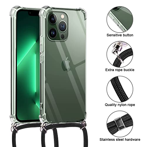 Vauki Crossbody Case for iPhone 13 Pro Clear Silicone Phone Case for iPhone 13Pro 6.1" with Lanyard Neck Cord Strap, Soft TPU Shockproof Protective Transparent Cover Case - Black Necklace