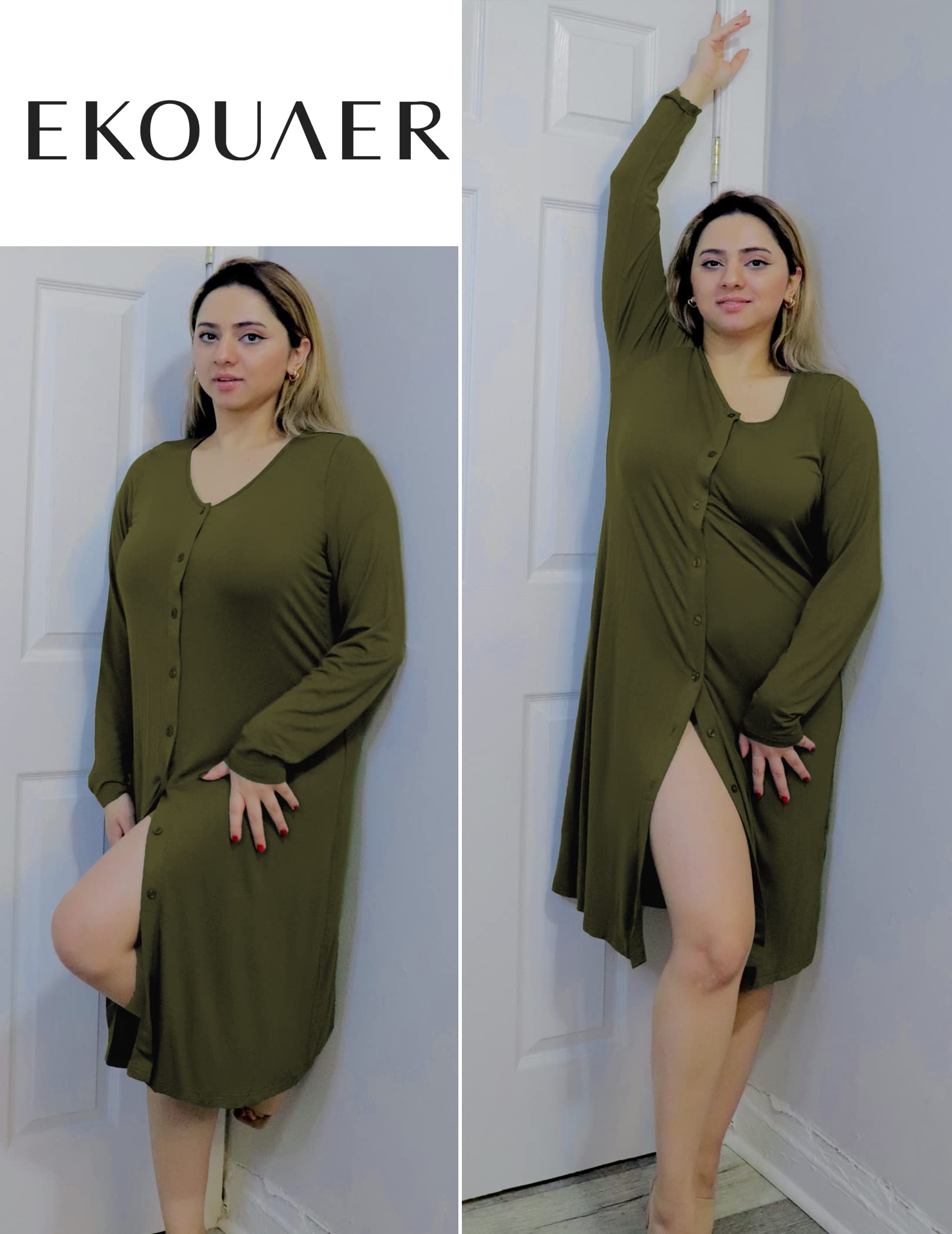 Ekouaer Women's Nightgown V Neck Button Down Sleepwear Long Sleeves Nightshirts Soft Button Sleep Dress Army Green