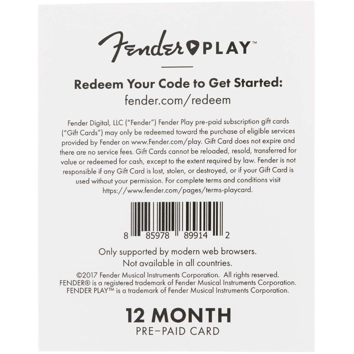 Fender Play 12-Month Subscription Prepaid Gift Card