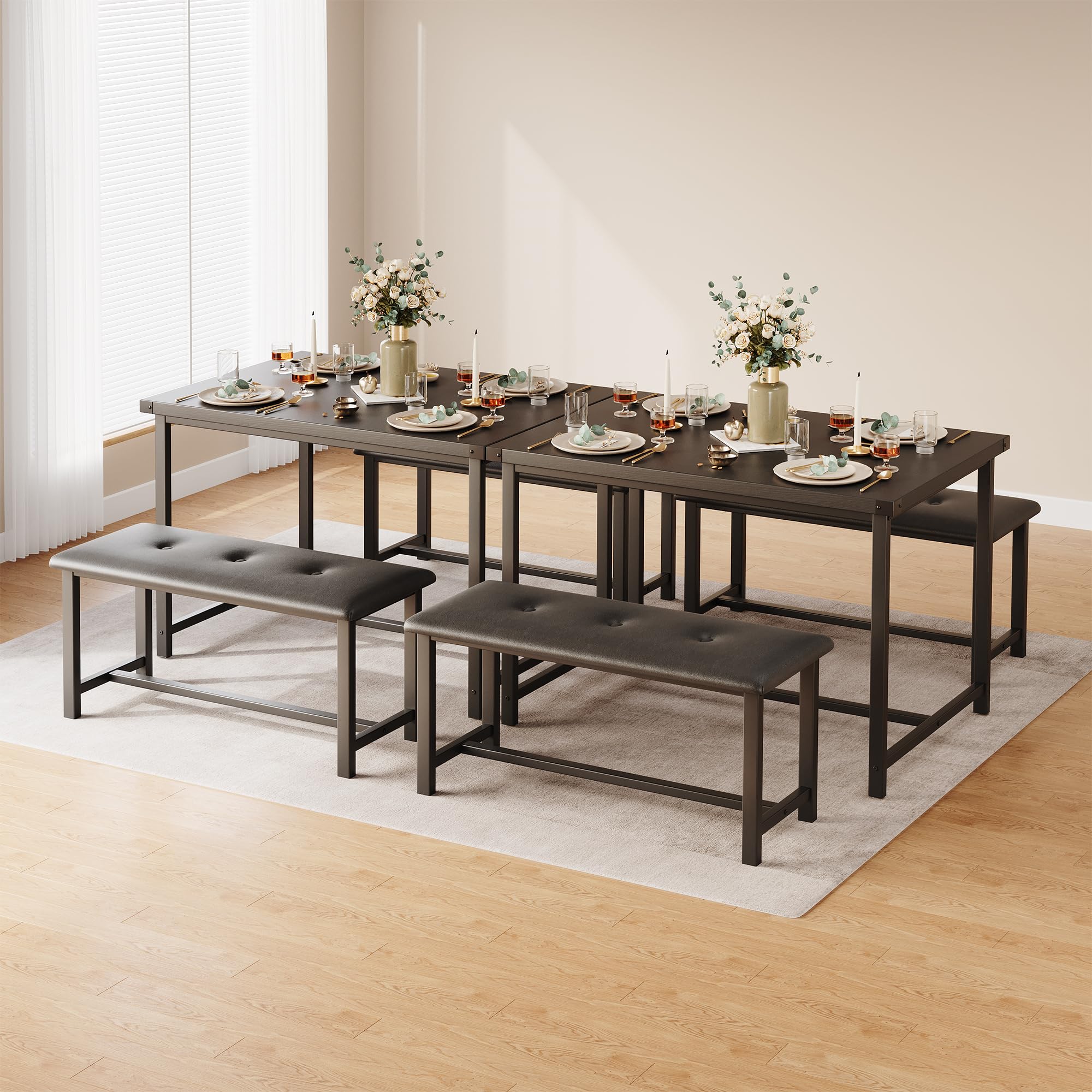 Fancihabor Dining Table Set for 4, Kitchen Table with Benches, Rectangular Dining Room Table Set with Upholstered Benches, 3 Piece Kitchen Table Set for Small Space, Apartment, Rustic Grey