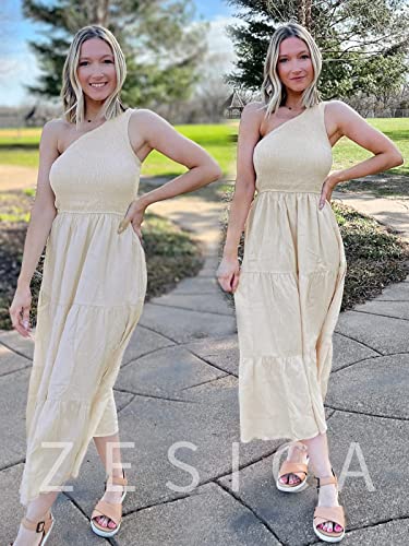 ZESICA Women's 2023 Bohemian Summer Floral Print One Shoulder Sleeveless Smocked Ruffle Tiered Beach Long Midi Dress,Beige,Large