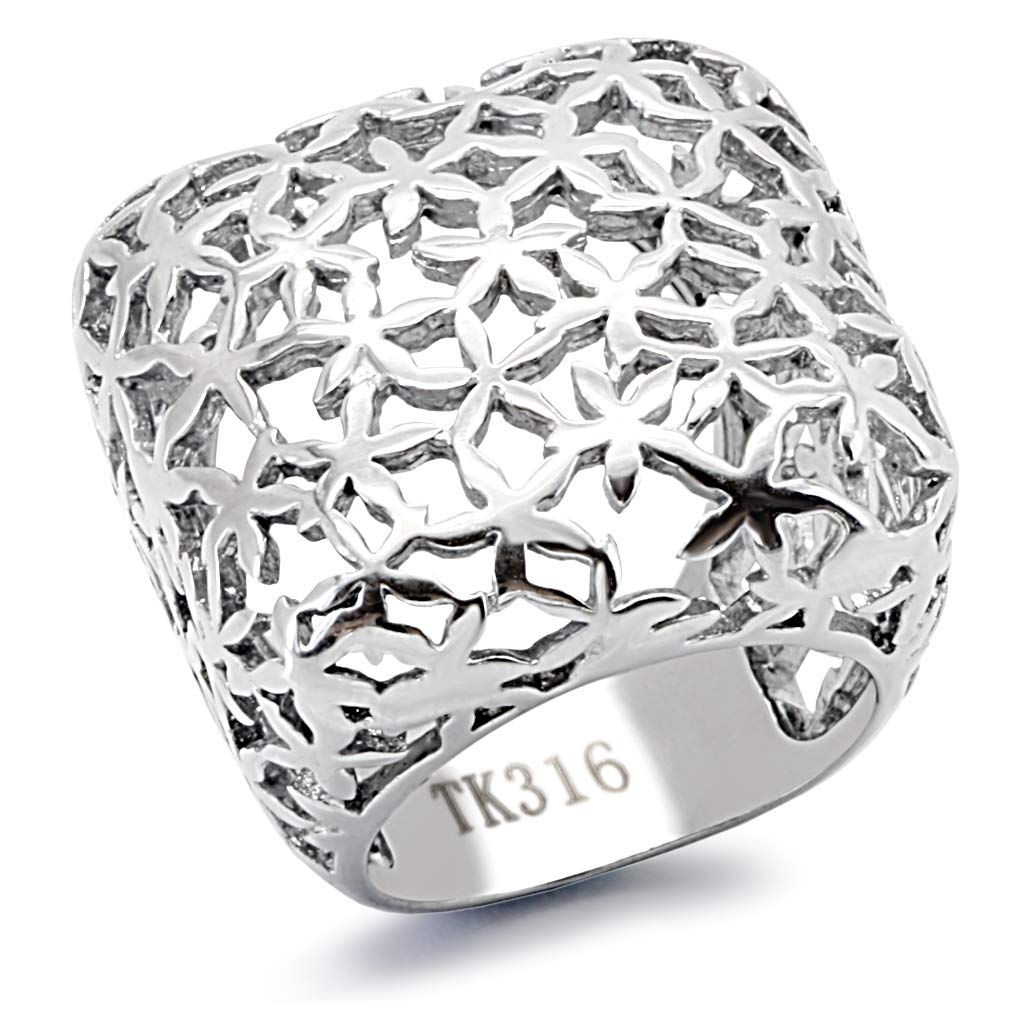 Eternal Sparkles Women's Stainless Steel High-Polished Square Floral Cutout Cocktail Ring - Size 9