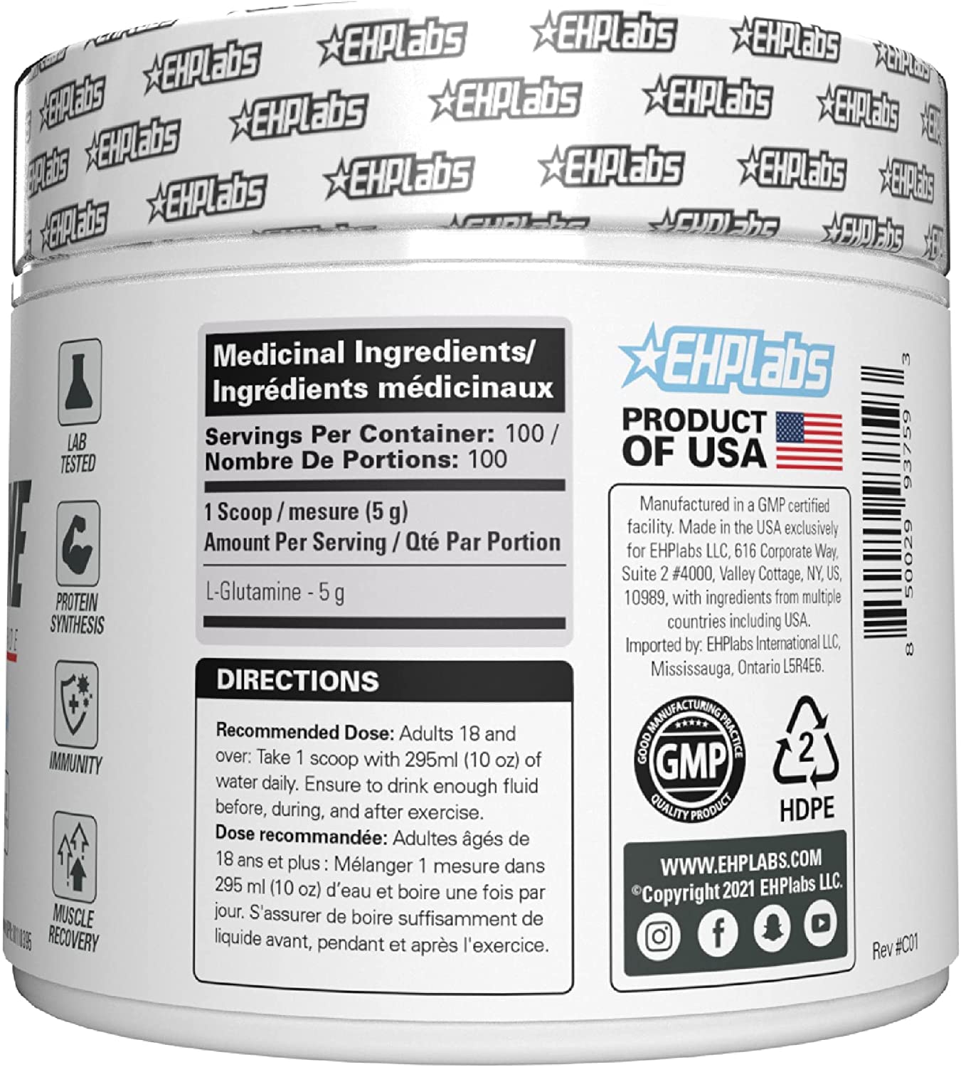 EHP Labs L Glutamine Powder Amino Acids - L-Glutamine, Workout Recovery, Immune Health & Gut Health Support (500g) - 100 Servings