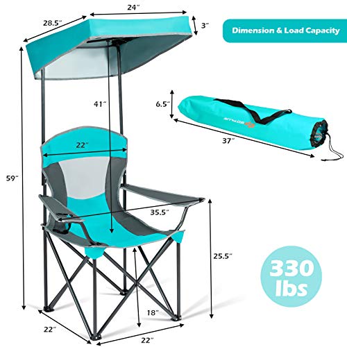 Goplus Folding Canopy Chair, Outdoor Camping Chair w/Cup Holder and Carrying Bag for Beach Park Poolside Patio (Turquoise)