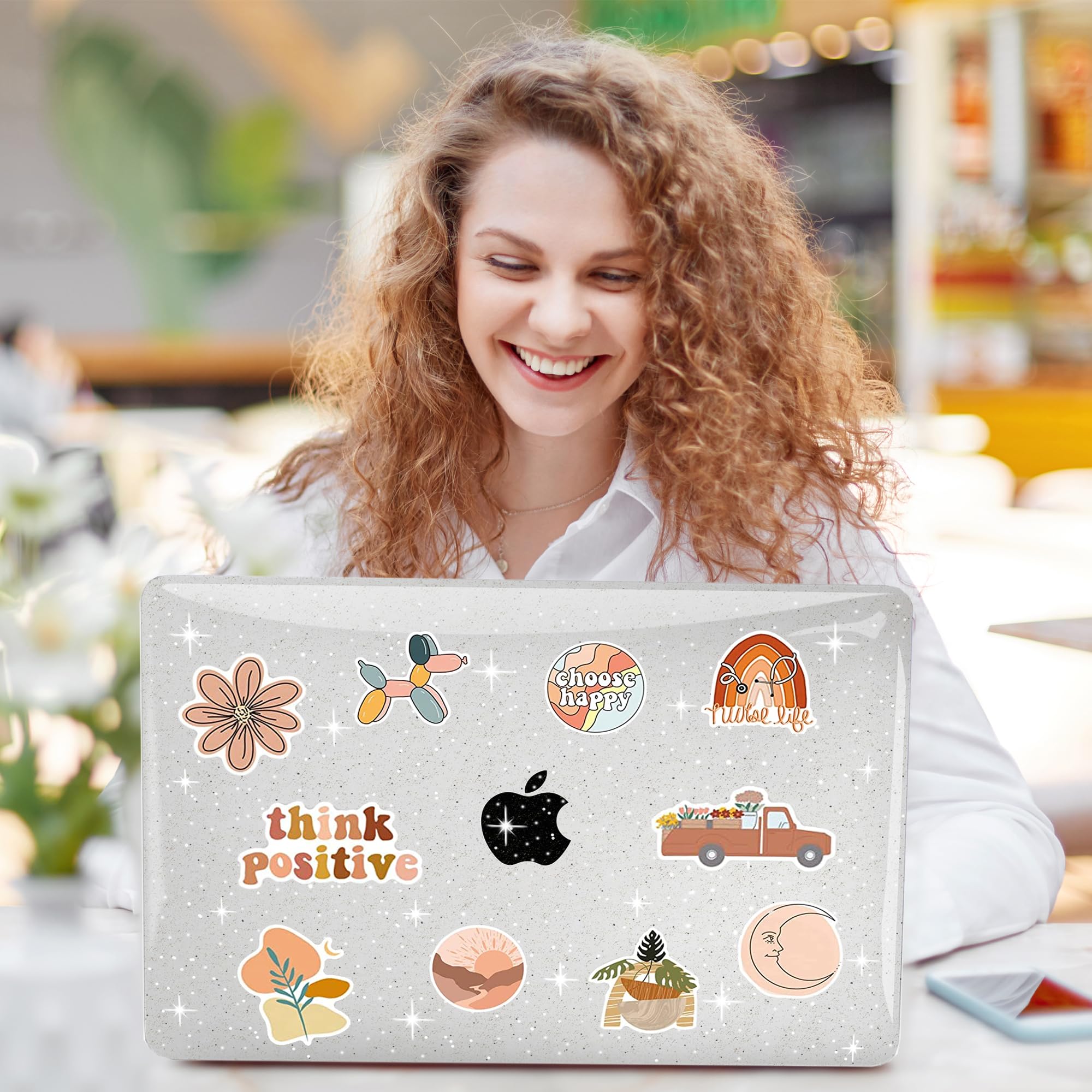 G JGOO Compatible with MacBook Air 15 inch Case 2024 2023 Release A2941 M2 chip with Retina Display & Touch ID, Clear Glitter Protective Laptop Hard Shell Case +Keyboard Cover+50 pcs Laptop Sticker