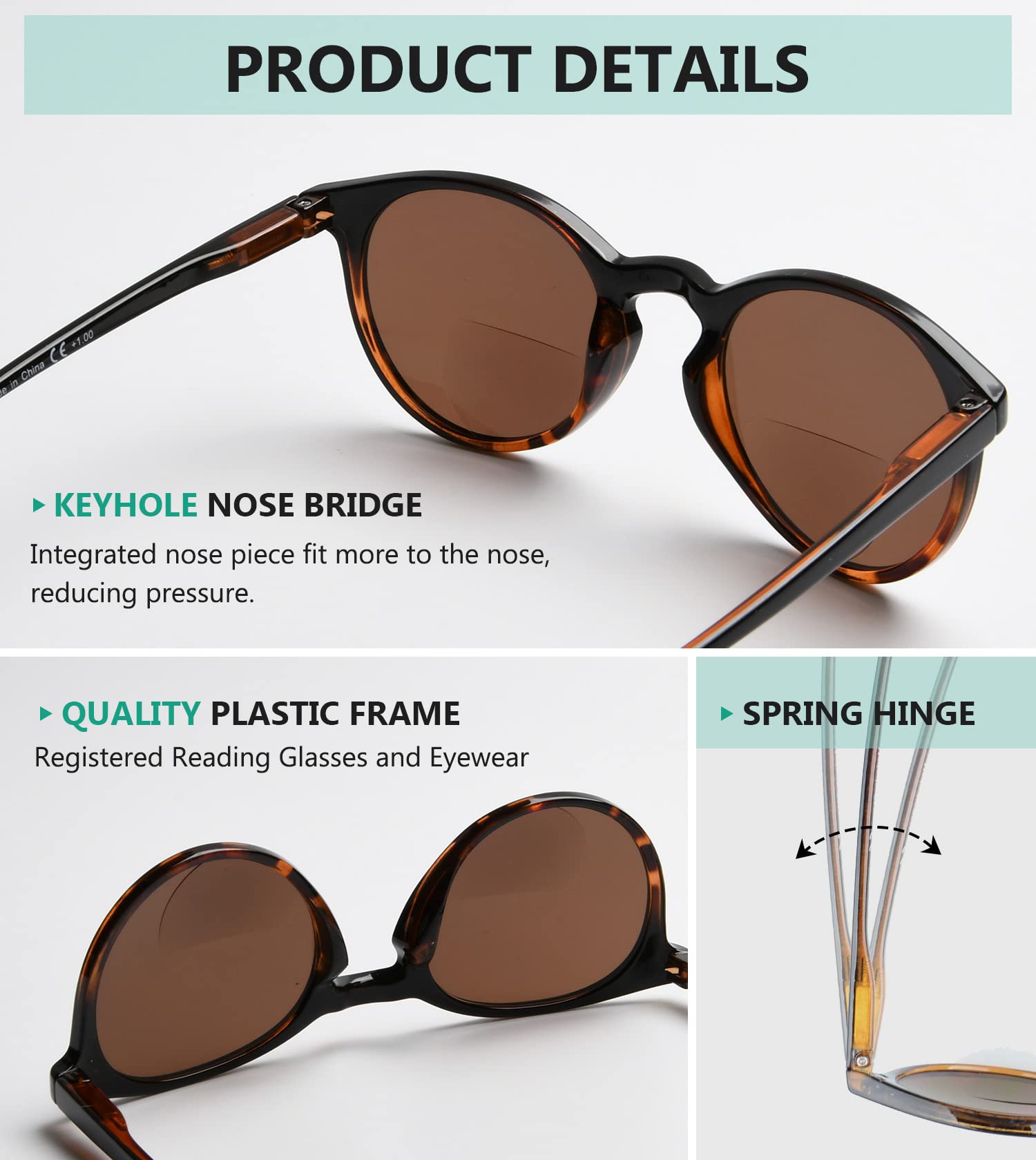 Eyekepper Key Hole Style Spring-Hinged Round Bifocal Sunglasses Sunshine Readers Black-Tortoise +2.5