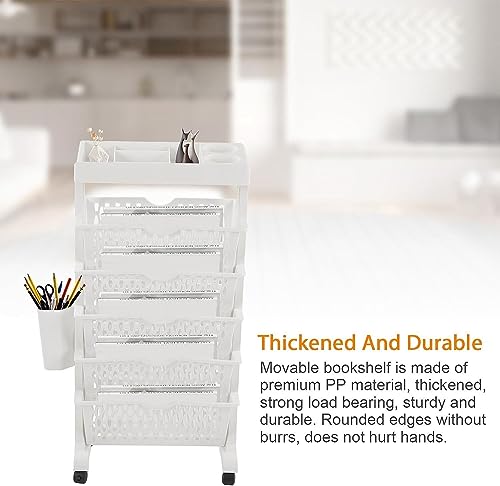 FBITE Movable Bookshelf Cart, Rolling Utility Cart 6 Tier Large Capacity Thickened Multifunctional Rolling Book Rack Storage Trolley Rolling Bookshelf with Wheel for Deskside Living