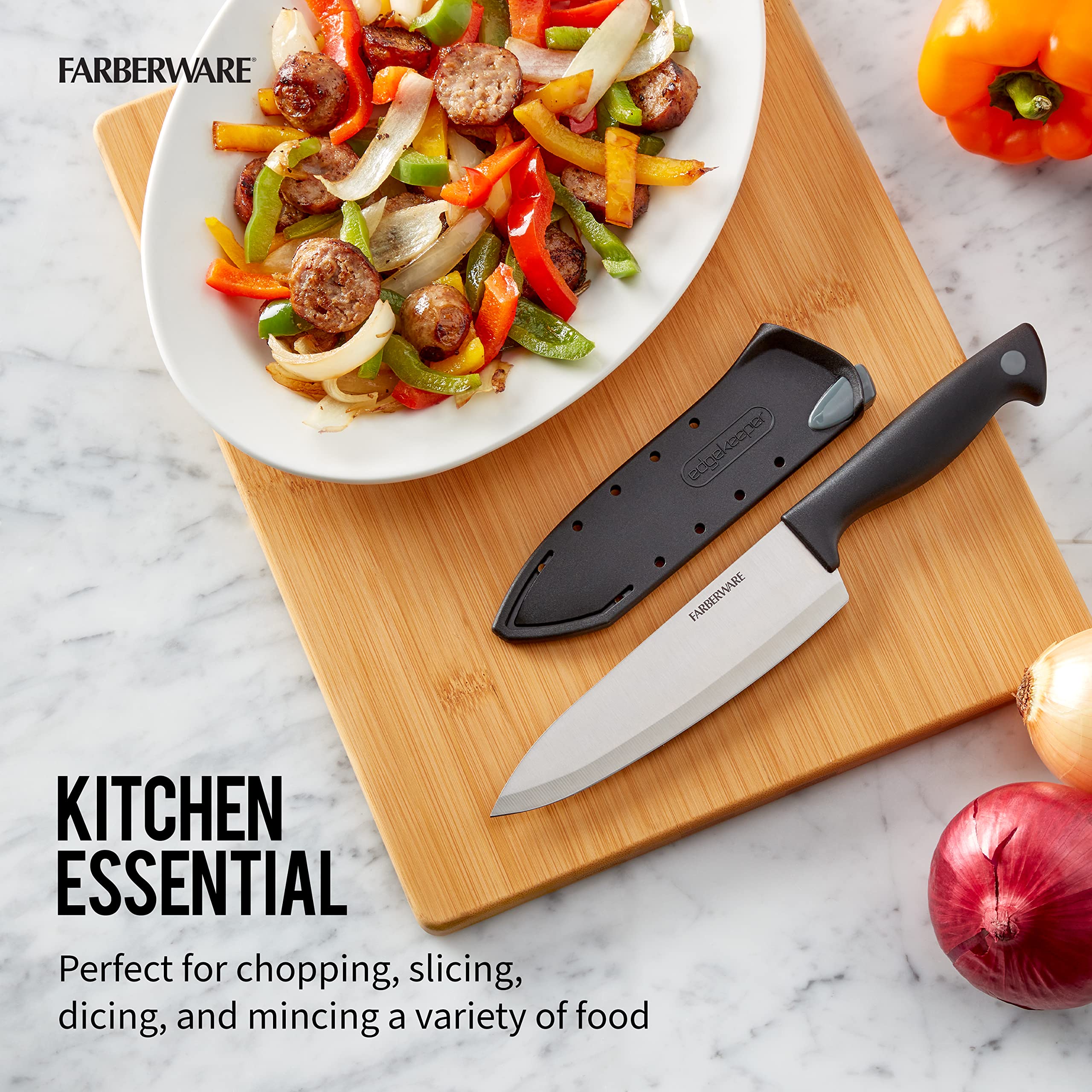 Farberware Edgekeeper 6-Inch Chef Knife with Self-Sharpening Blade Cover, High Carbon-Stainless Steel Kitchen Knife with Ergonomic Handle, Razor-Sharp Knife, Black