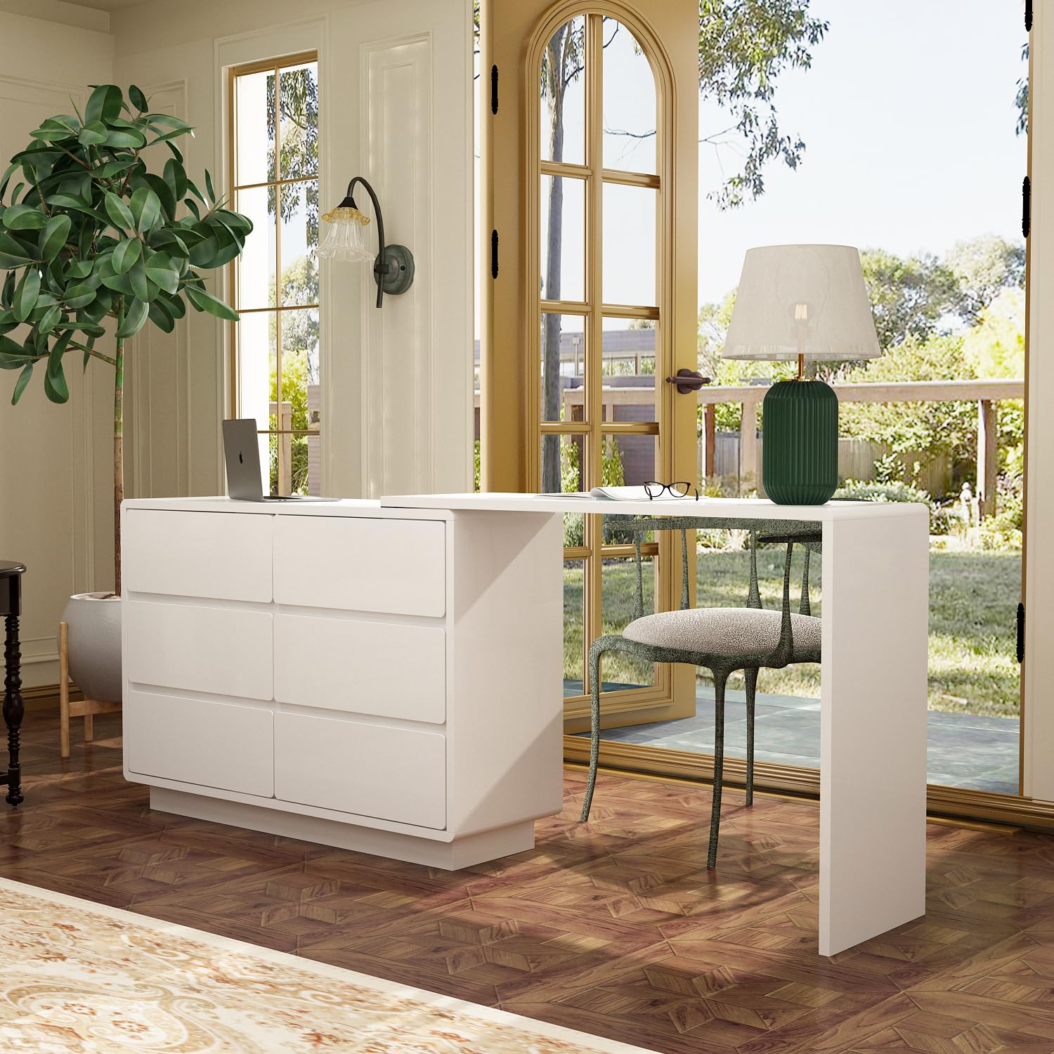 ECACAD 2 in 1 Vanity Desk, 47.2" L Vanity Table with L-Shaped Desk & Double Dresser, Versatile Makeup Vanity Dressing Table Computer Desk with Round Corners for Bedroom, Home Office, White